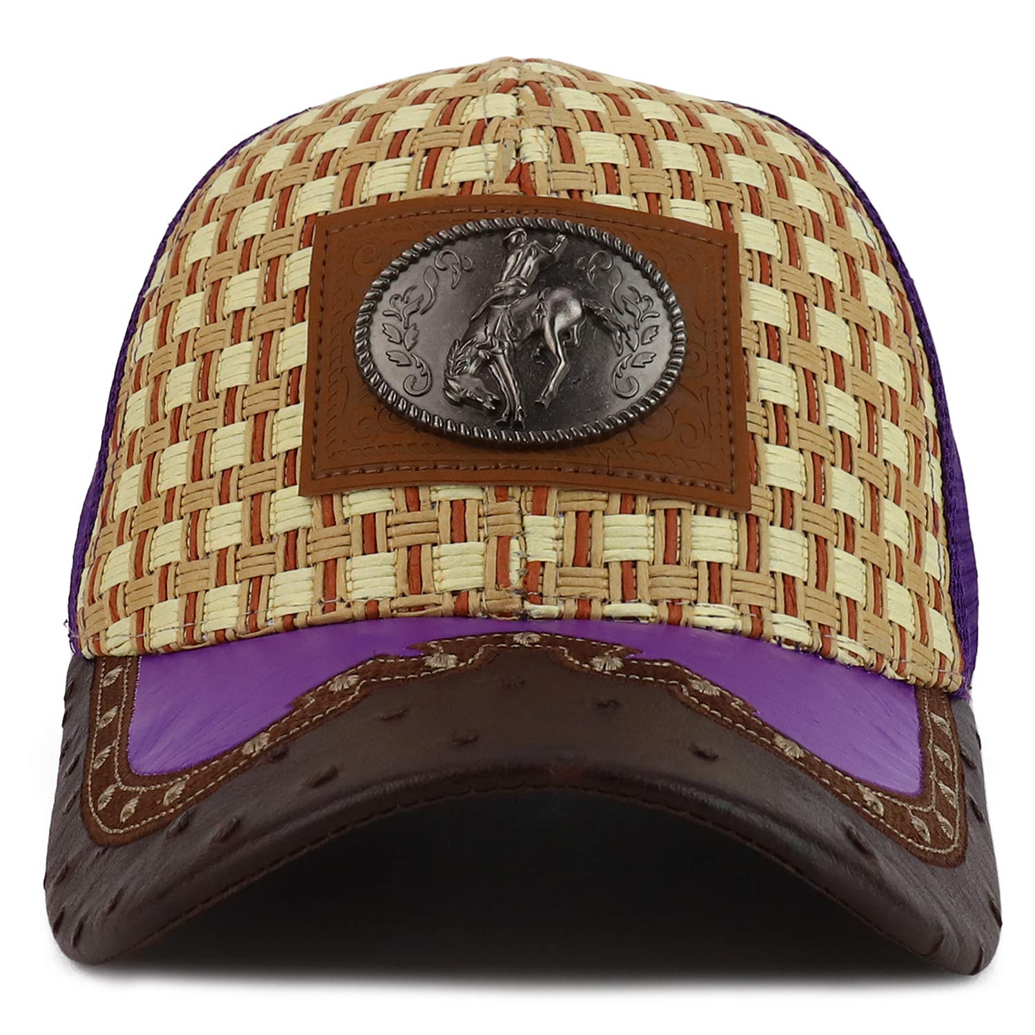 Straw Design Metallic Rodeo Cowboy Horse Metal Logo Trucker Mesh Baseball Cap - CHARCOAL BLACK