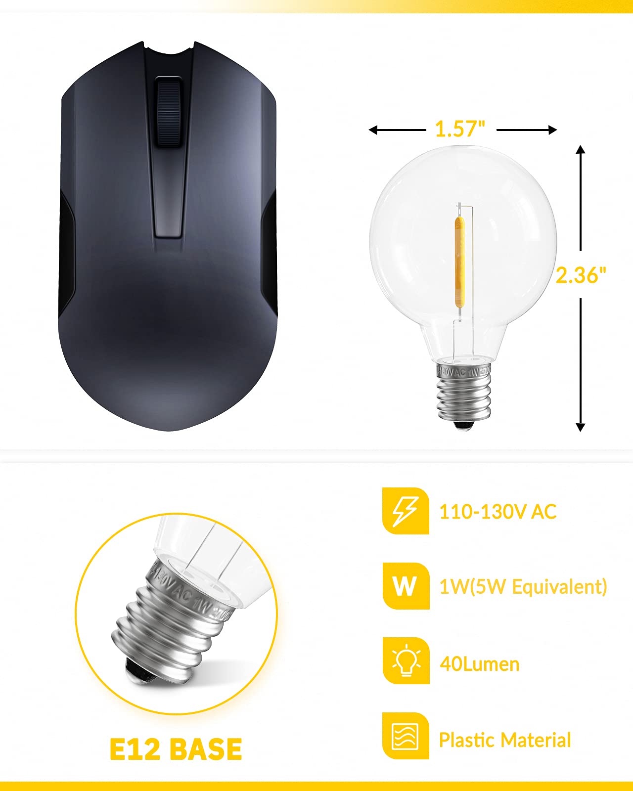 SHINESTAR 25-Pack G40 LED Bulb Replacement, 2700K Warm White, E12 Outdoor String Lights, Shatterproof, Dimmable