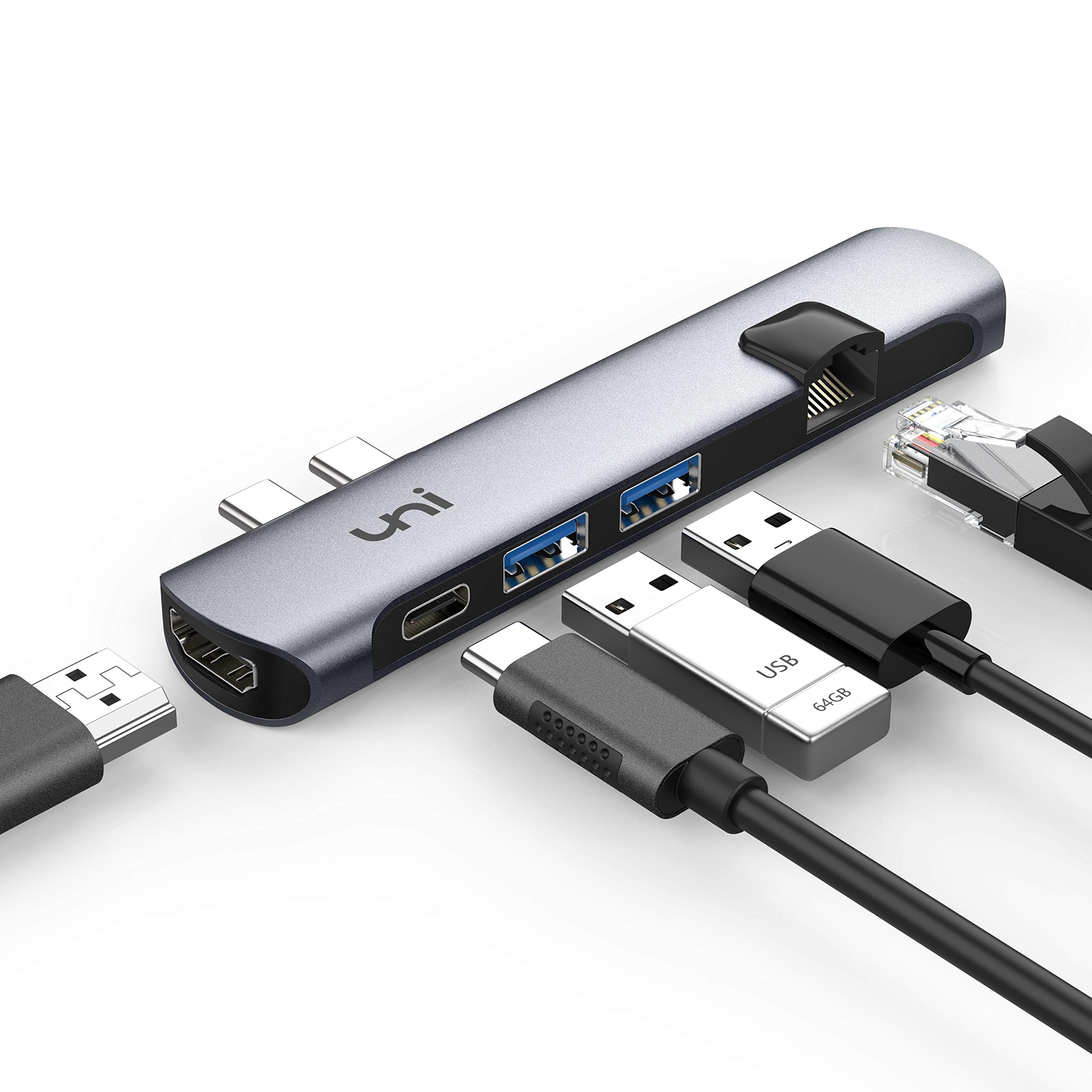 USB C to HDMI Adapter for MacBook Pro, uni 5 in 2 USB C Hub with Dual 4K HDMI, 100W PD, 2 USB 3.0, 10/100/1000 Gigabit Ethernet LAN Network for MacBook Pro 2020/2019-2016, MacBook Air 2020-2018