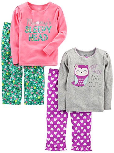Simple Joys by Carter's Girls' 4-Piece Pajama Set (Cotton Top & Fleece Bottom), Floral/Hearts/Owl/Text Print, 3T