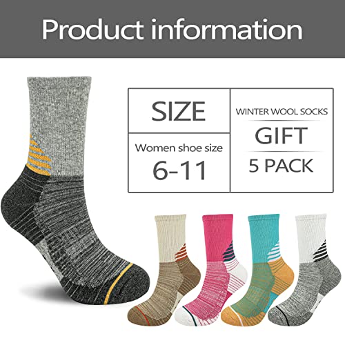 yeuG 5 Pack Women's Hiking Walking Wool Crew Socks, Multi-pack Wicking Cushion Crew Socks (Color 5, Shoe Size: 6-11)