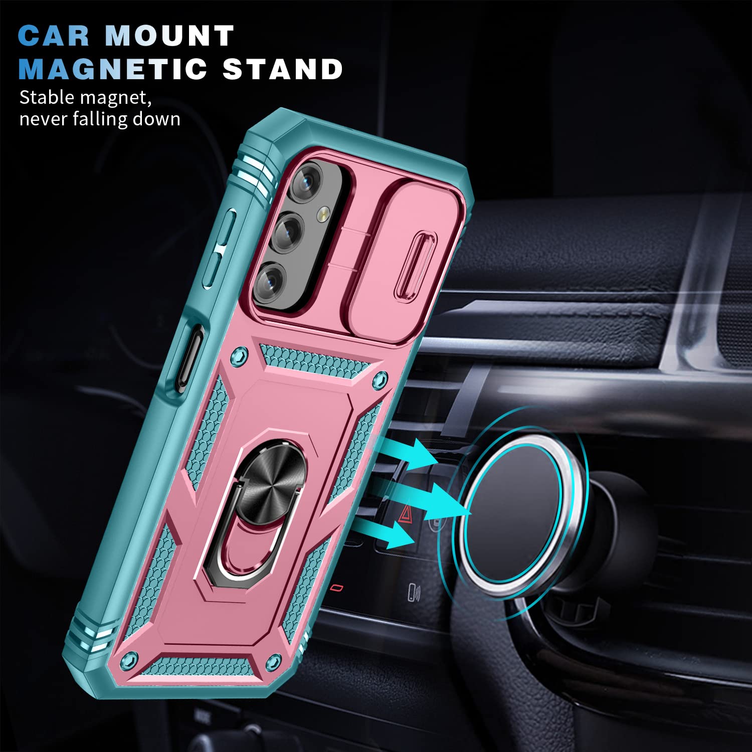 PASNEW for Samsung Galaxy A14 5G Case,Kickstand & Slide Camera Cover, Military Grade Heavy Duty Full Body Shockproof Multi-Layer Shell for A14 4G,6.6 inch,Pink Green