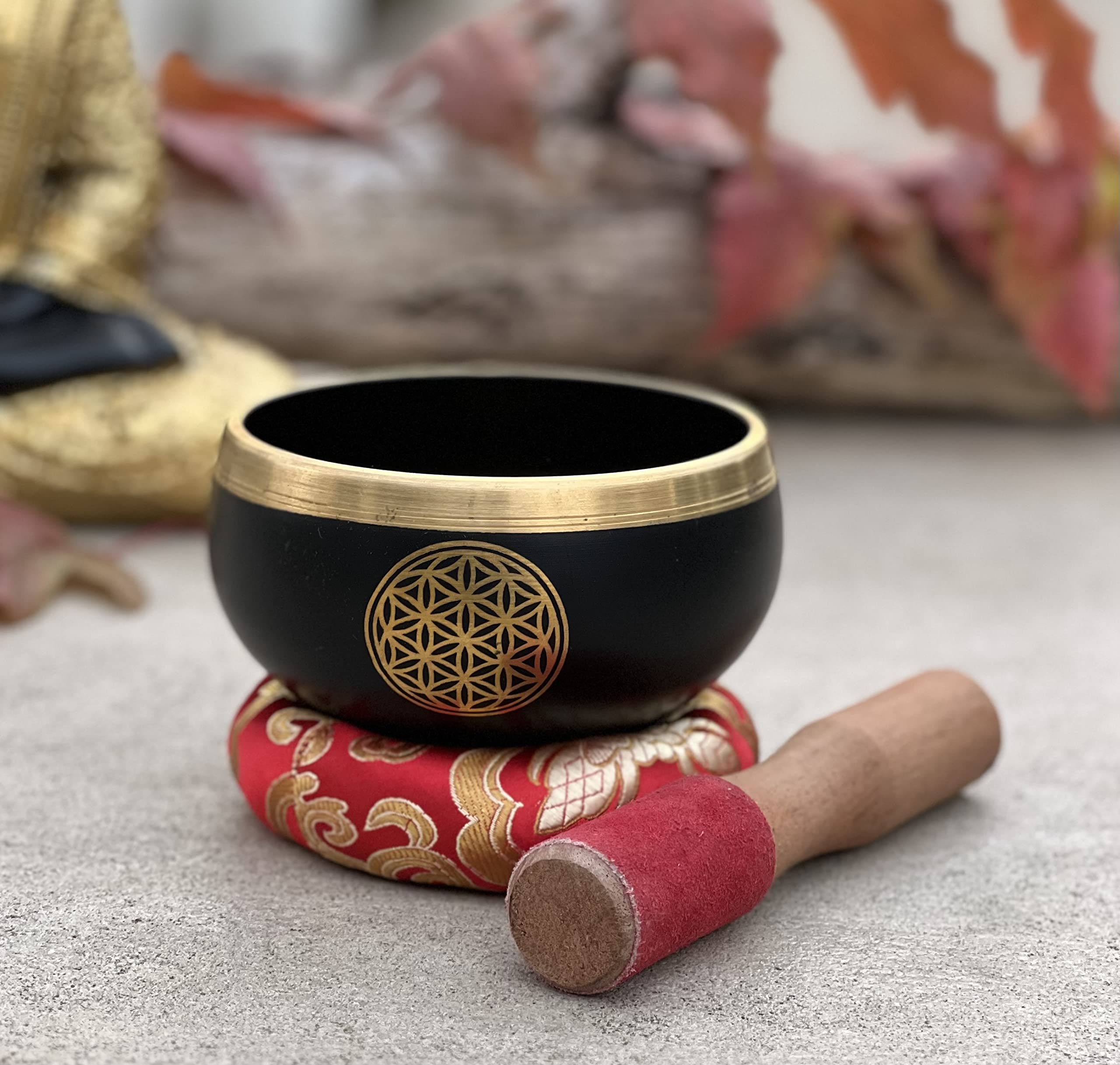 Tibetan Flower Of Life Singing Bowl Mallet Cushion Set ~ For Meditation, Yoga, Spiritual Healing and Mindfulness ~ Medium (Black)