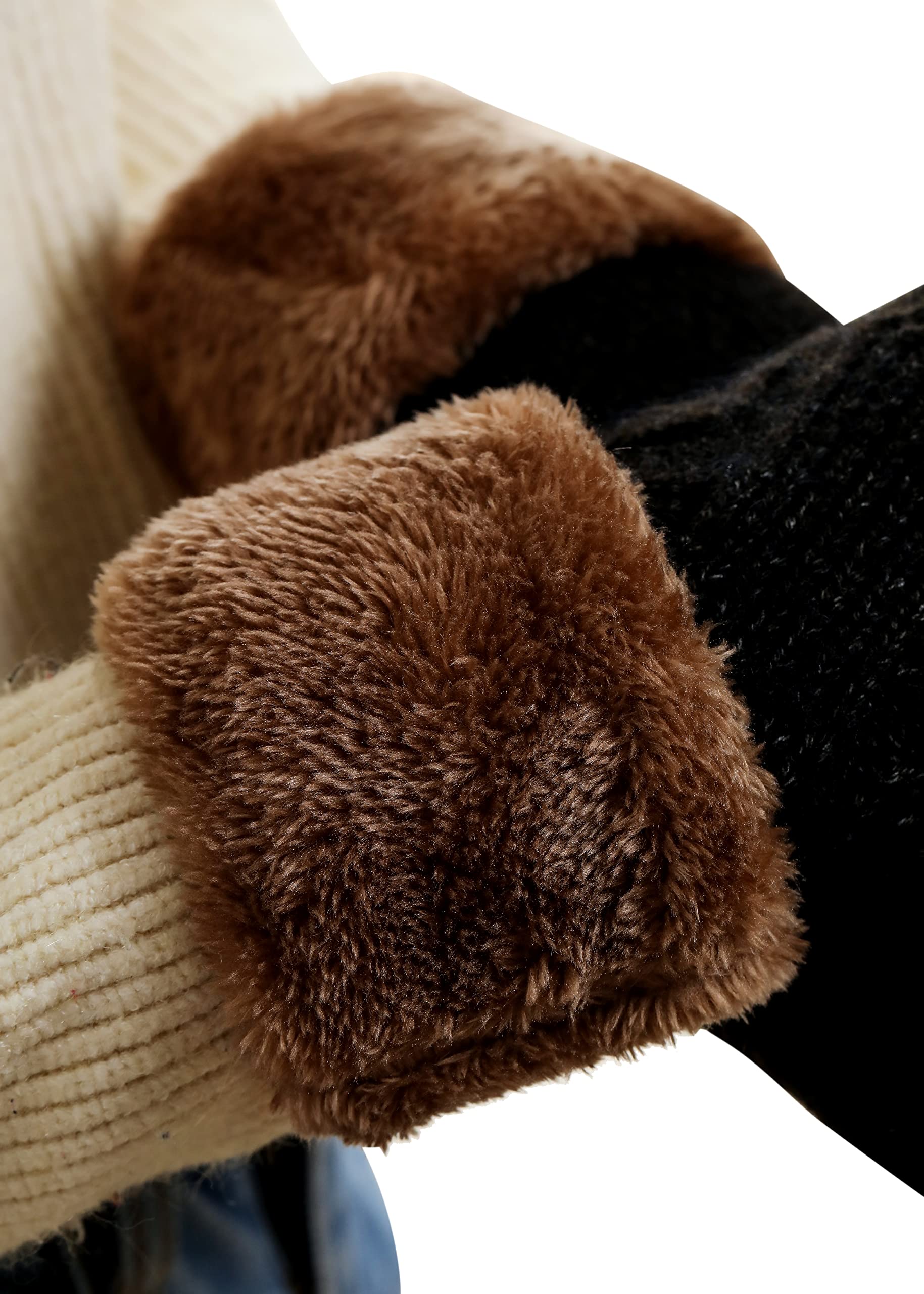Thick Snow Hat-and-Mittens Set for-Women Black, Warm Faux Fur Pom Pom Beanie-with-Gloves Cute Pompom Ladies Winter Caps