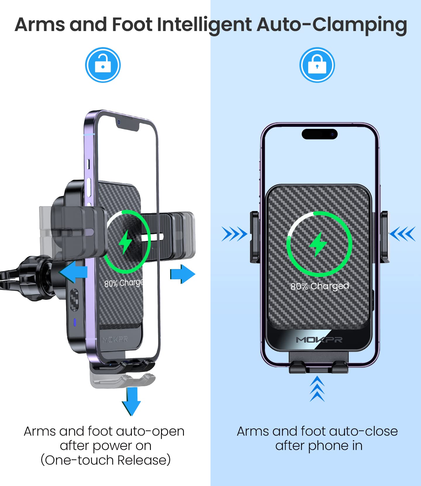 Wireless Car Charger, MOKPR 15W Fast Charging Auto-Clamping Car Mount Universal Hands-Free Car Charger Mount for Dash Windshield Air Vent Compatible with iPhone 15/14/13/12, Samsung S23/S22/S21,etc