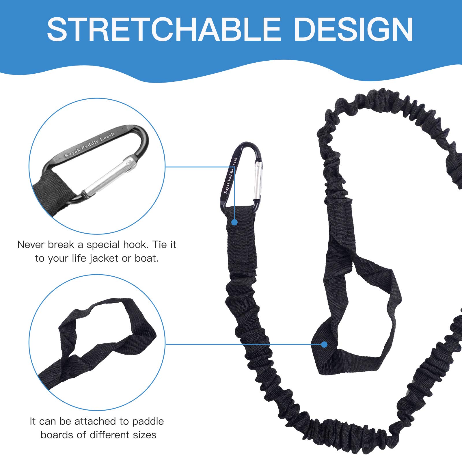 SUKIA Kayak Paddles Leash 2 Pack Black Kayaking Equipment with Quick Release Paddle Holder Clip D-Shape Carabiner Stretchable SUP Paddle Board Accessories Fishing Rod Leash Kit (Black x 2 Pack)