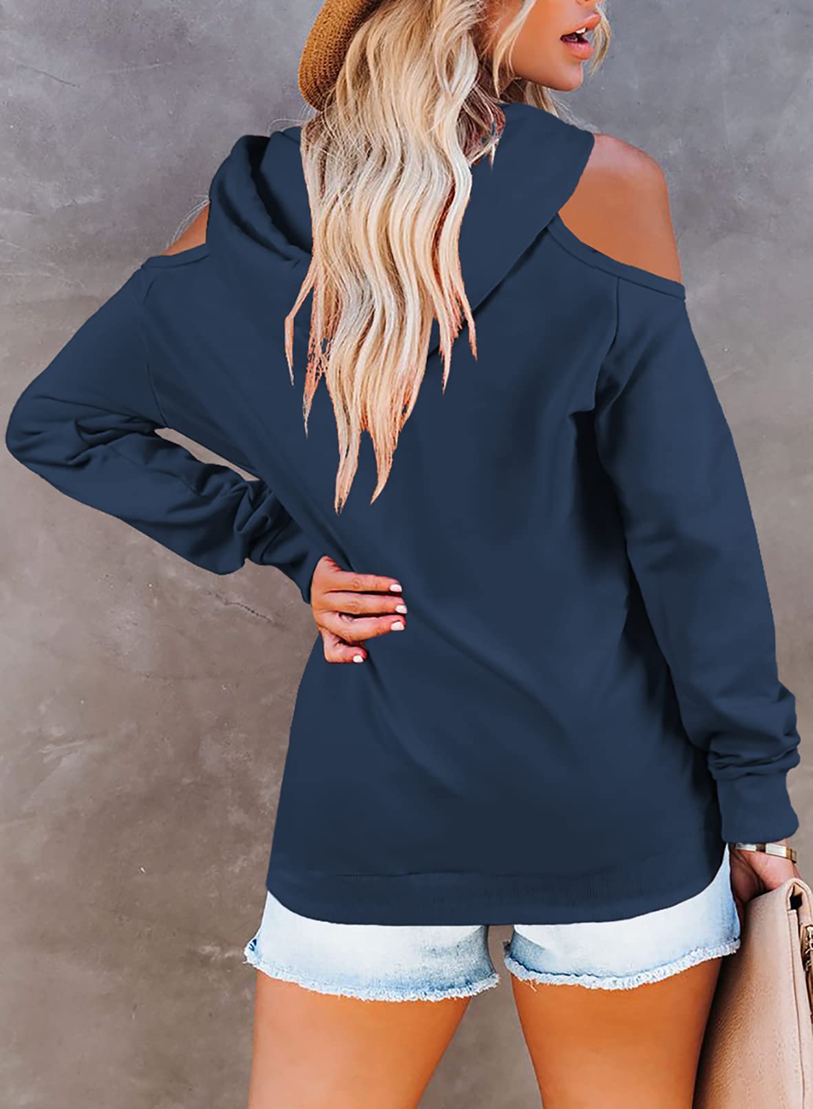 Women Cut Cold Shoulder Hooded Sweatshirt Long Sleeve Pullover Hoodies with Pockets Dark Blue 2XL