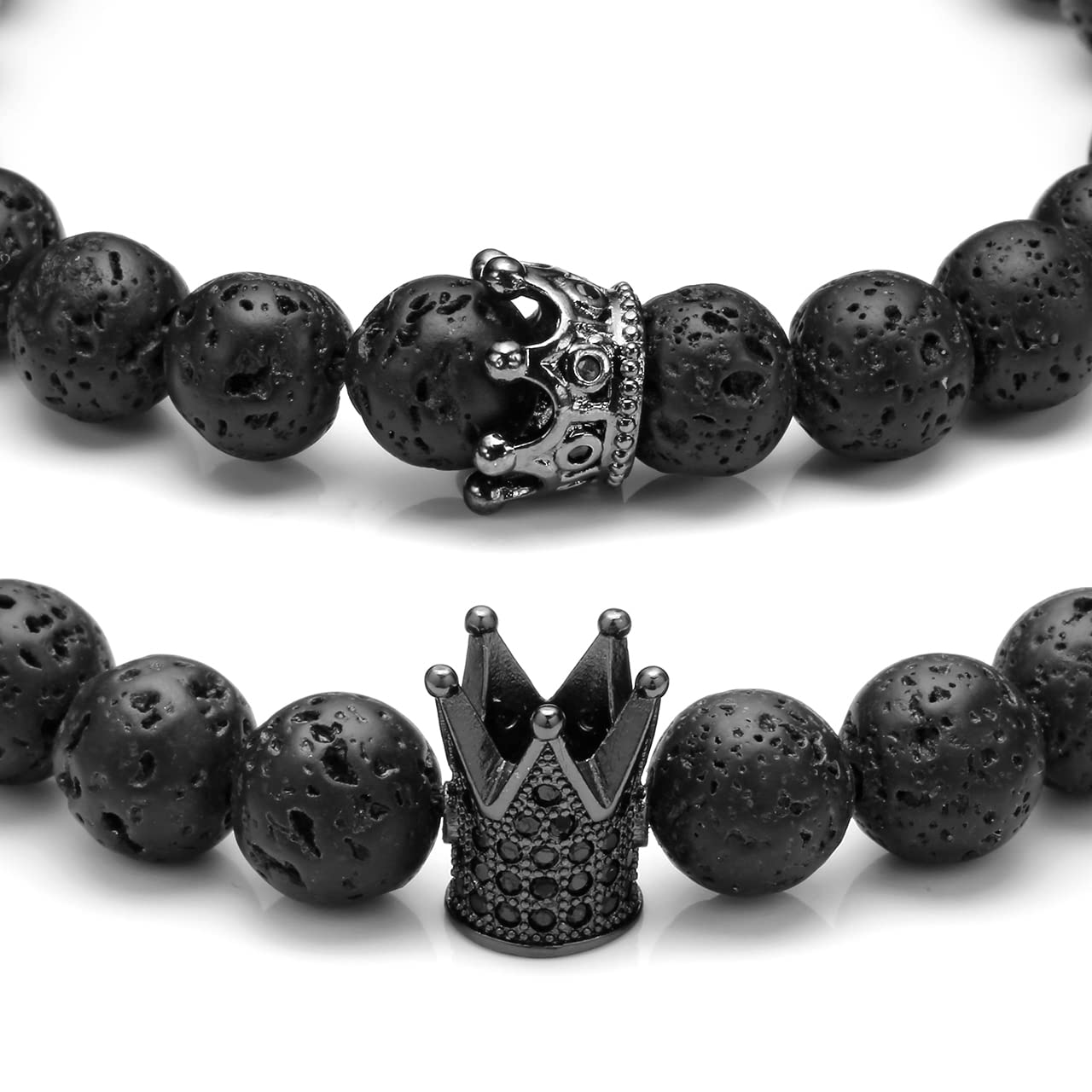 Top Plaza Couple Distance Bracelets Lava Stone Beads Essential Oil Diffuser Adjustable Bracelet with King Queen Crown Charm - 2 Pcs Black