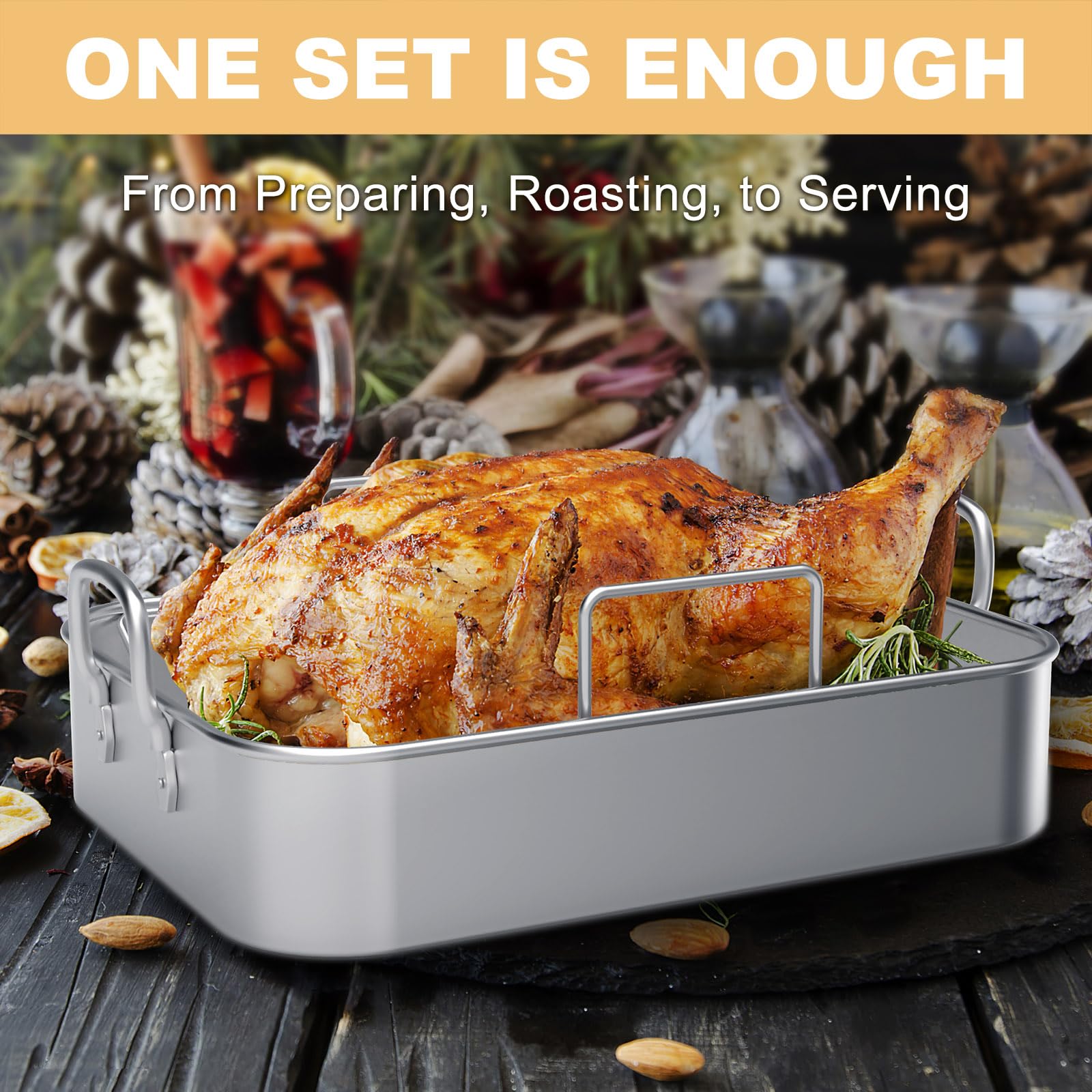 Roasting Pan, Deedro 17*13 Inch Stainless Steel Turkey Roaster with Rack - Deep Broiling Pan & V-shaped Rack & Flat Rack, Non-toxic & Heavy Duty, Great for Thanksgiving Christmas Roast Chicken Lasagna