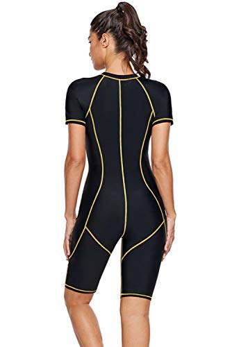 SAILBEE Women's One Piece Short Sleeves Contoured Zip Front Wetsuit Swimsuit (410893 L, Yellow Seam)