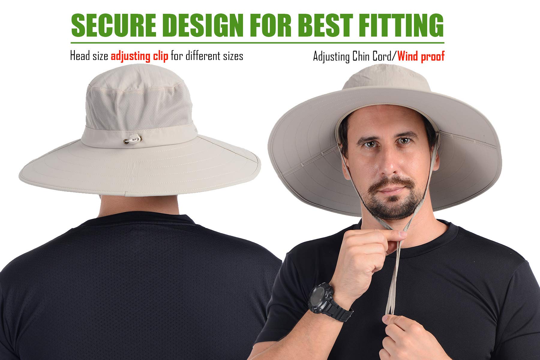 USHAKE Foldable Super Wide Brim Fishing Hat Bucket Safari Hat, UPF 50+ Sun Hat Khaki