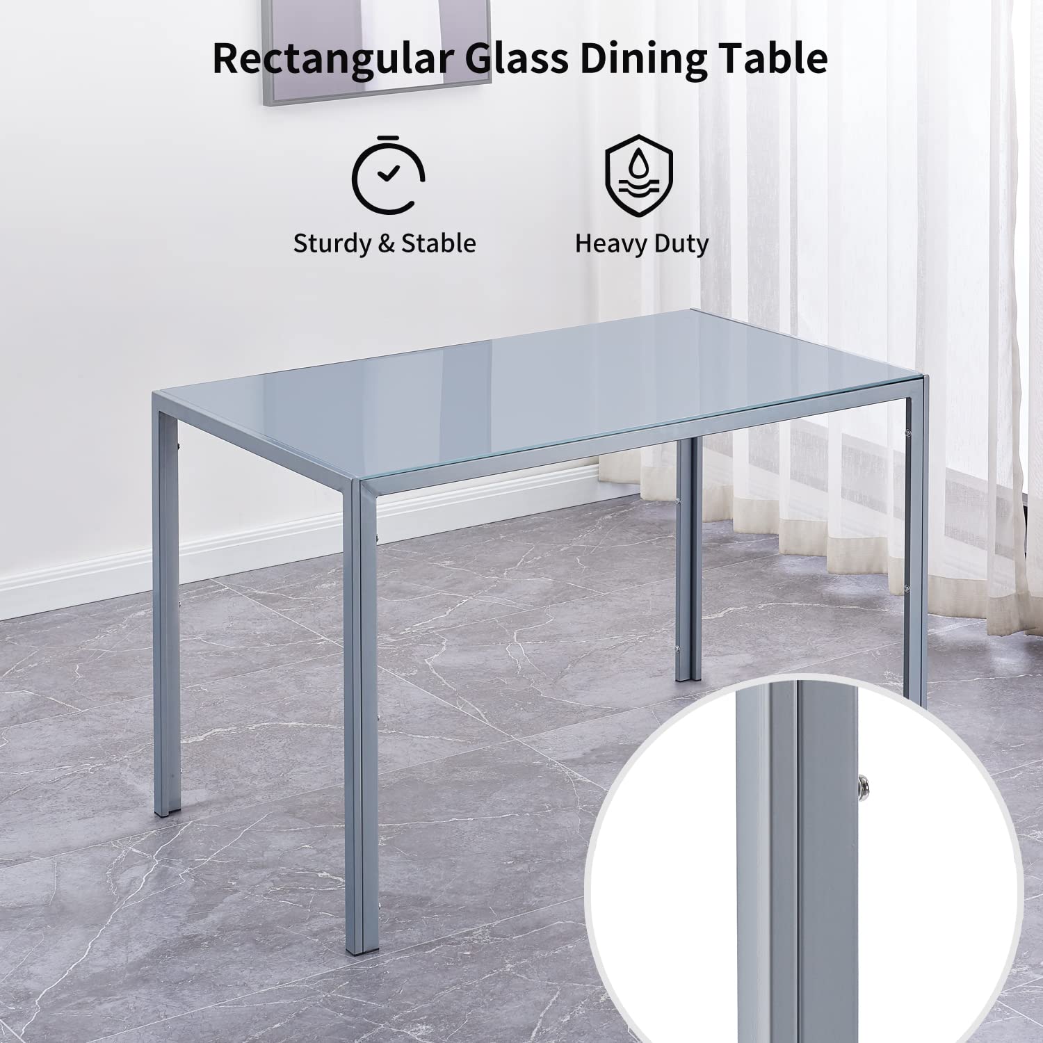 ROZHOME Dining Table Set for 6, 7 Piece Kitchen Table and Chairs with Gray Tempered Glass Table Top and 6 Gray PU Leather Metal Frame Chairs