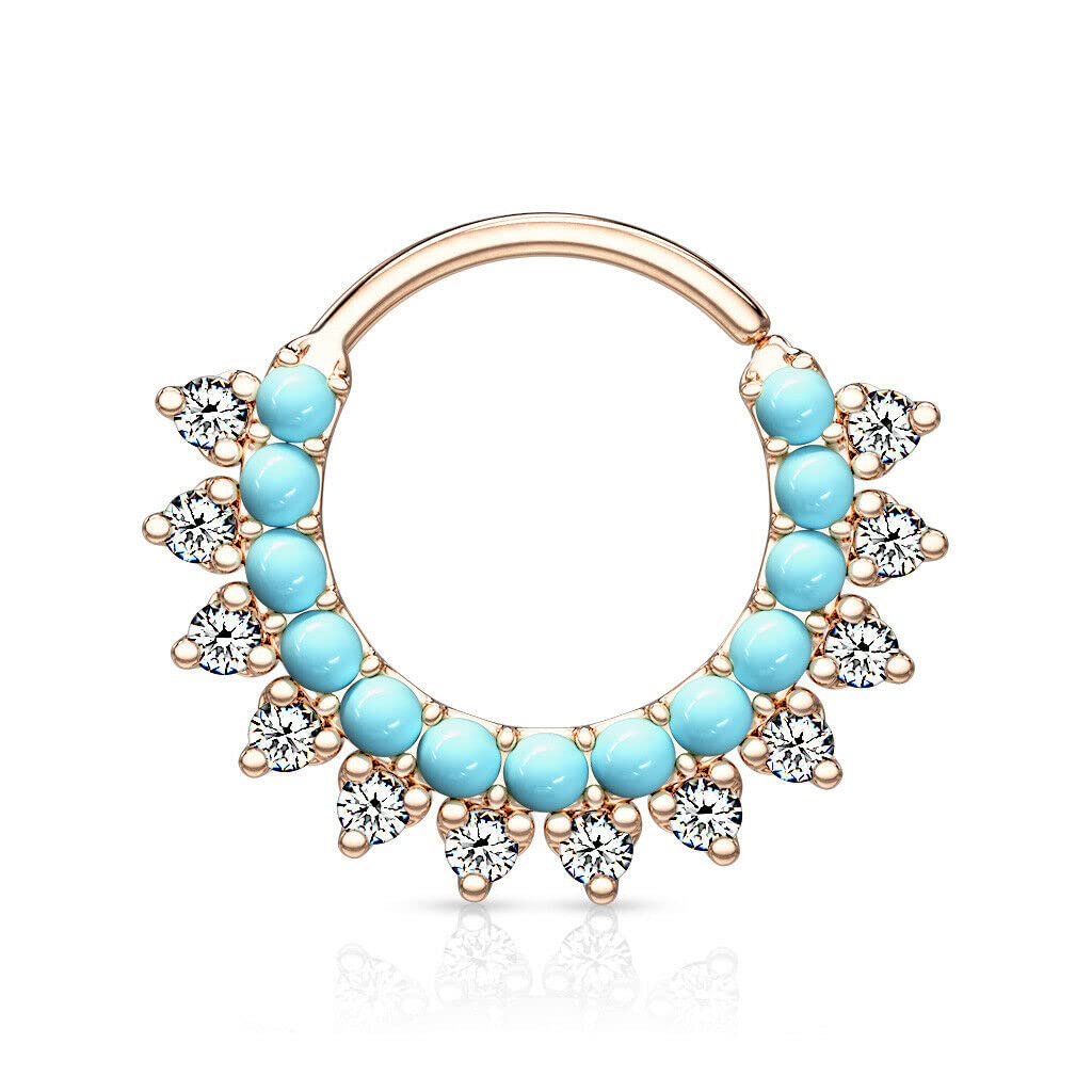 Turquoise and CZ Bendable Ear Cartilage Daith Nose Septum Ring Clicker 16g - Rose Gold Rose Gold,Turquoise