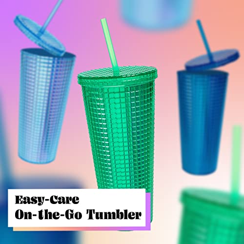 WEST & FIFTH Grid Plastic Cold-Cup Tumbler with Straw, Iridescent Semi-Transparent Square-Textured Cup, BPA-Free Double-Wall Cup for Iced Coffee, Cold Drinks, or Water, 24oz., Mint
