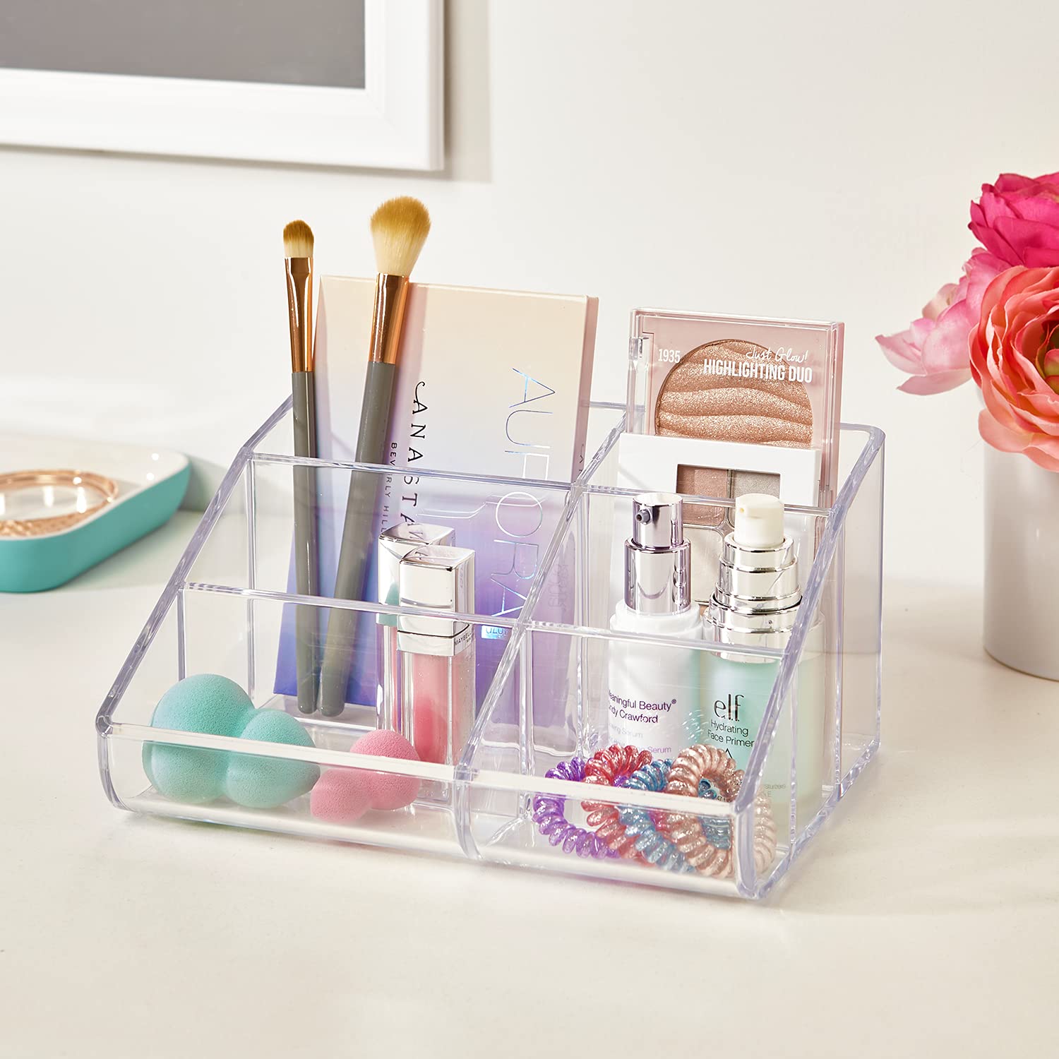 STORi Clear Plastic Vanity Makeup Organizer | 6-Compartment Holder for Brushes, Eyeshadow Palettes, & Beauty Supplies | Curved Front Design | Made in USA
