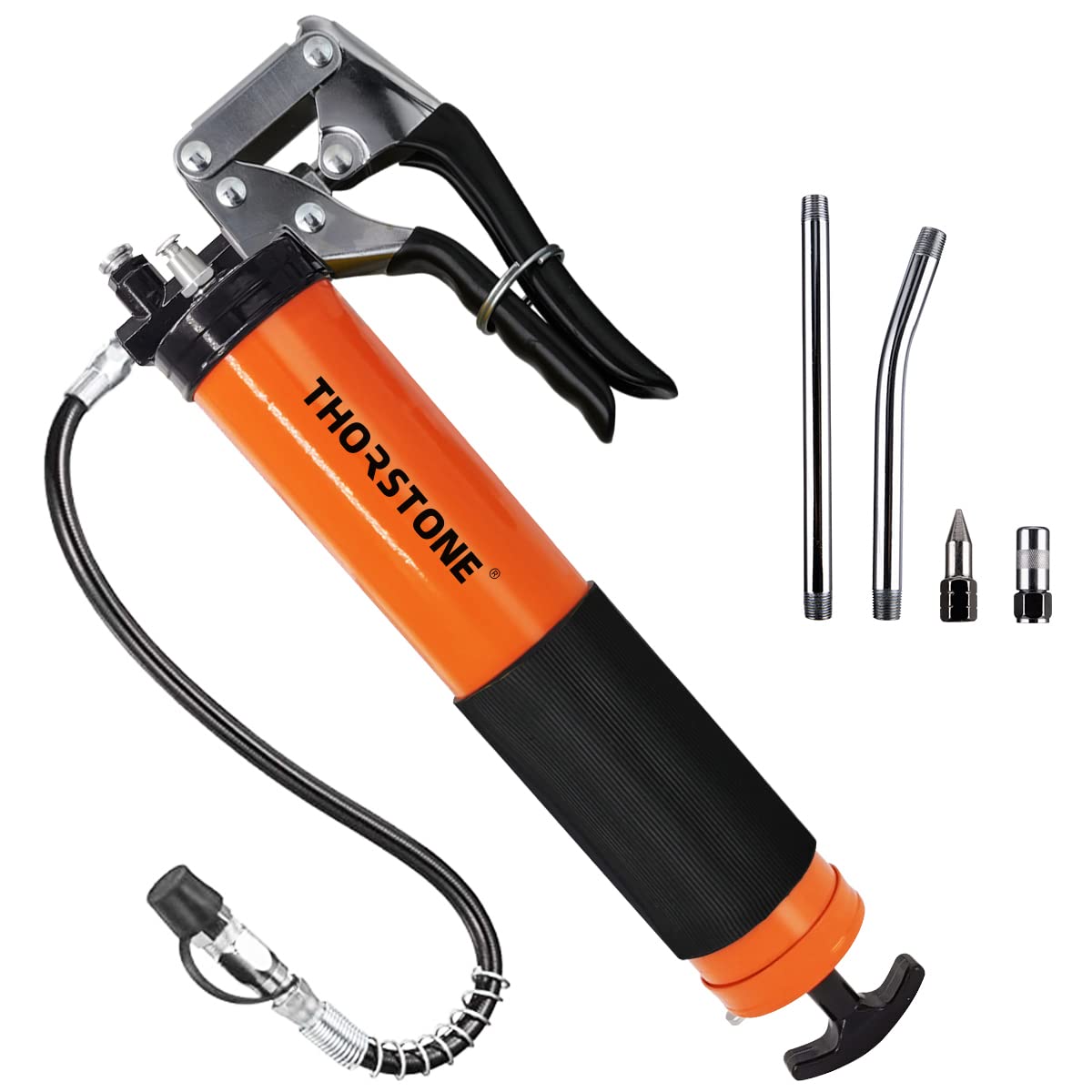 Thorstone Grease Gun Kit, 7000 PSI Heavy Duty Pistol Grip Grease Guns Set, 14oz Load Capacity, 18" Spring Flex Hose, 2 Reinforced Coupler, 1 Sharp Type Nozzle, 2 Extension Rigid Pipe Included, Orange