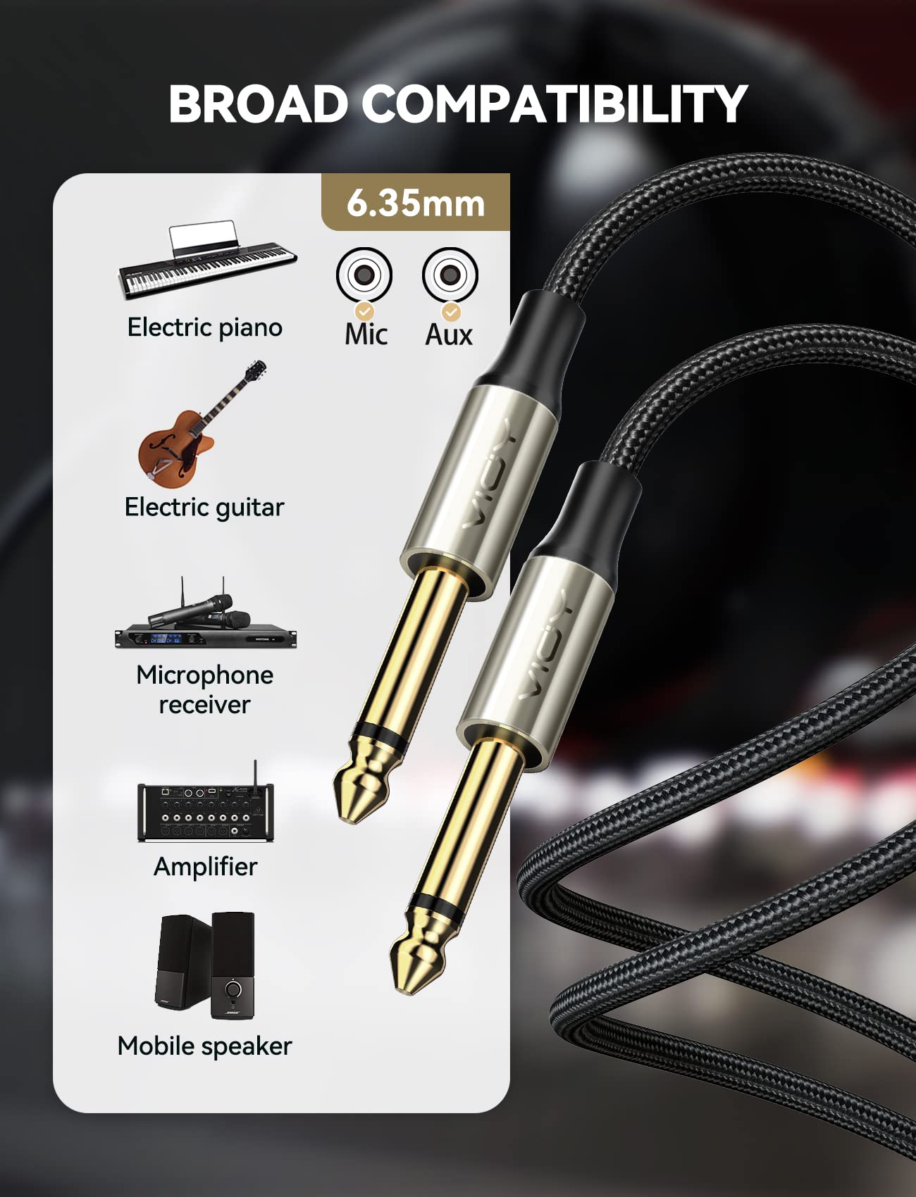 VIOY Guitar Cable 10 FT, 6.35 mm (1/4) TS (1/4) Mono Jack Unbalanced Guitar Patch Cords, High-end Instrument Cable for Electric Guitar, Bass, Keyboard, Electric Mandolin