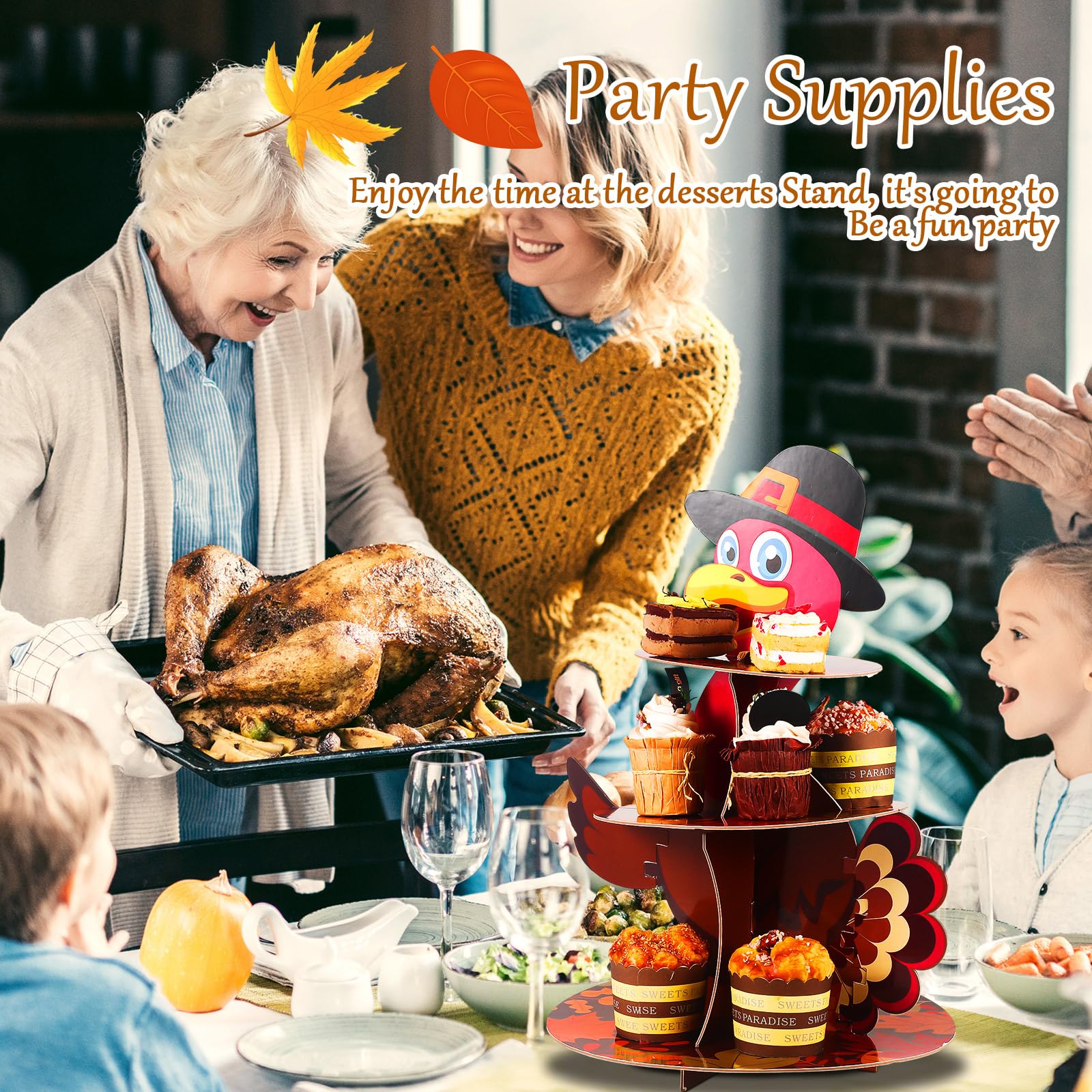 Uiifan Thanksgiving Day Cupcake Stand 3 Tiers Turkey Maple Leaf Cardboard Cake Dessert Holder Tower Cookie Trays for Fall Autumn Thanksgiving Decorations Party Supplies