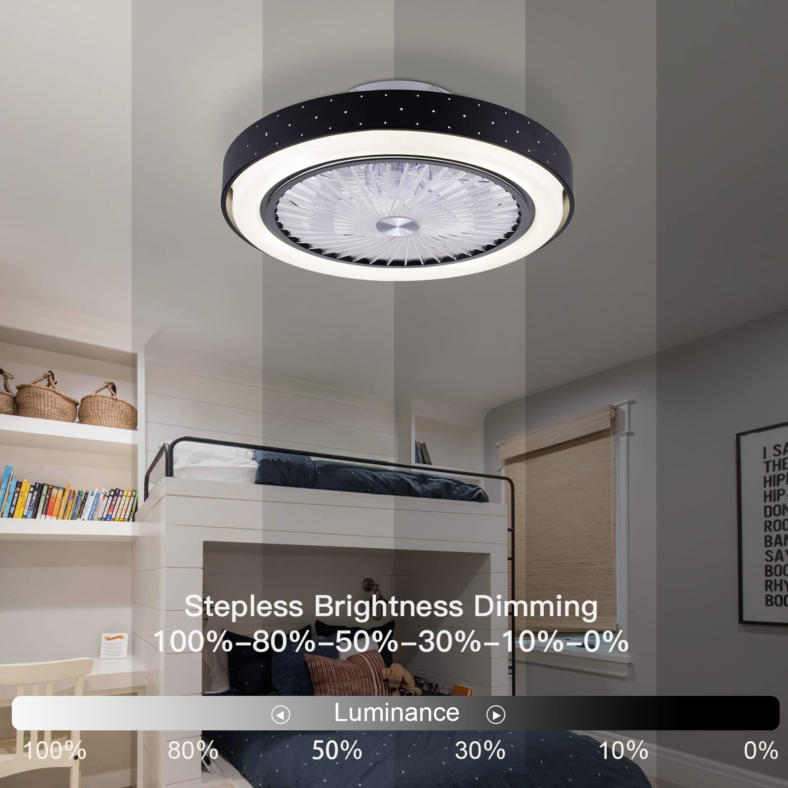 POWROL Ceiling Fans with Lights Bladeless Low Profile Remote Control Enclosed Ceiling Fan LED 3 Colors Dimming 3 Speed 19''Flush Mount Fan Light Iron Black Timer 1H/2H for Bedroom