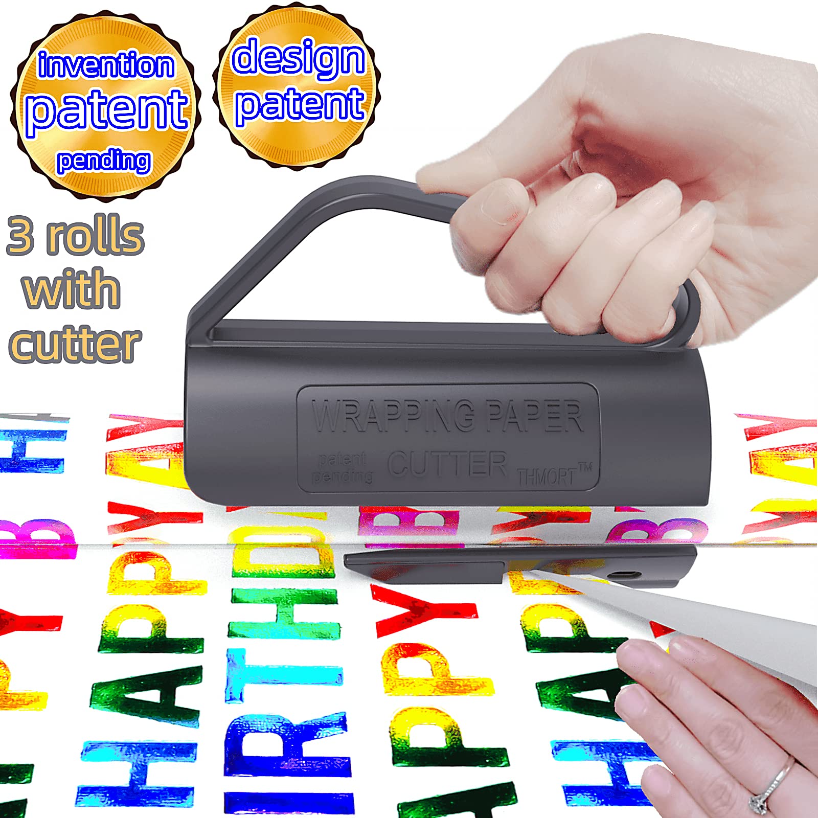 THMORT Colorful Foil Birthday Wrapping Paper Kit With Cutter for Kids & Adults, 17 x 120 Inch Mini Rolls With Rainbow Lettering