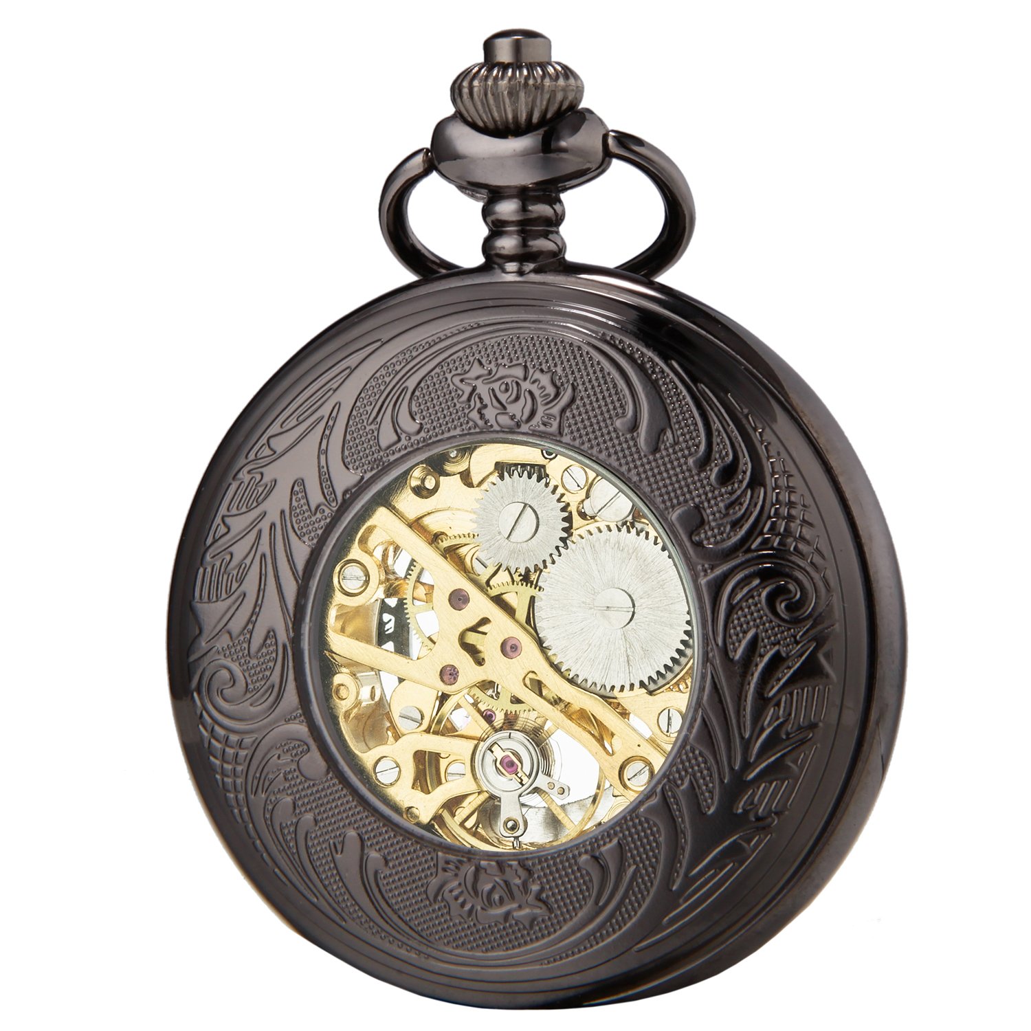 SEWOR Mens Luminous Dial Hand Wind Mechanical Pocket Watch with Brand Leather Gift Box (Stand Up Black) (Green)