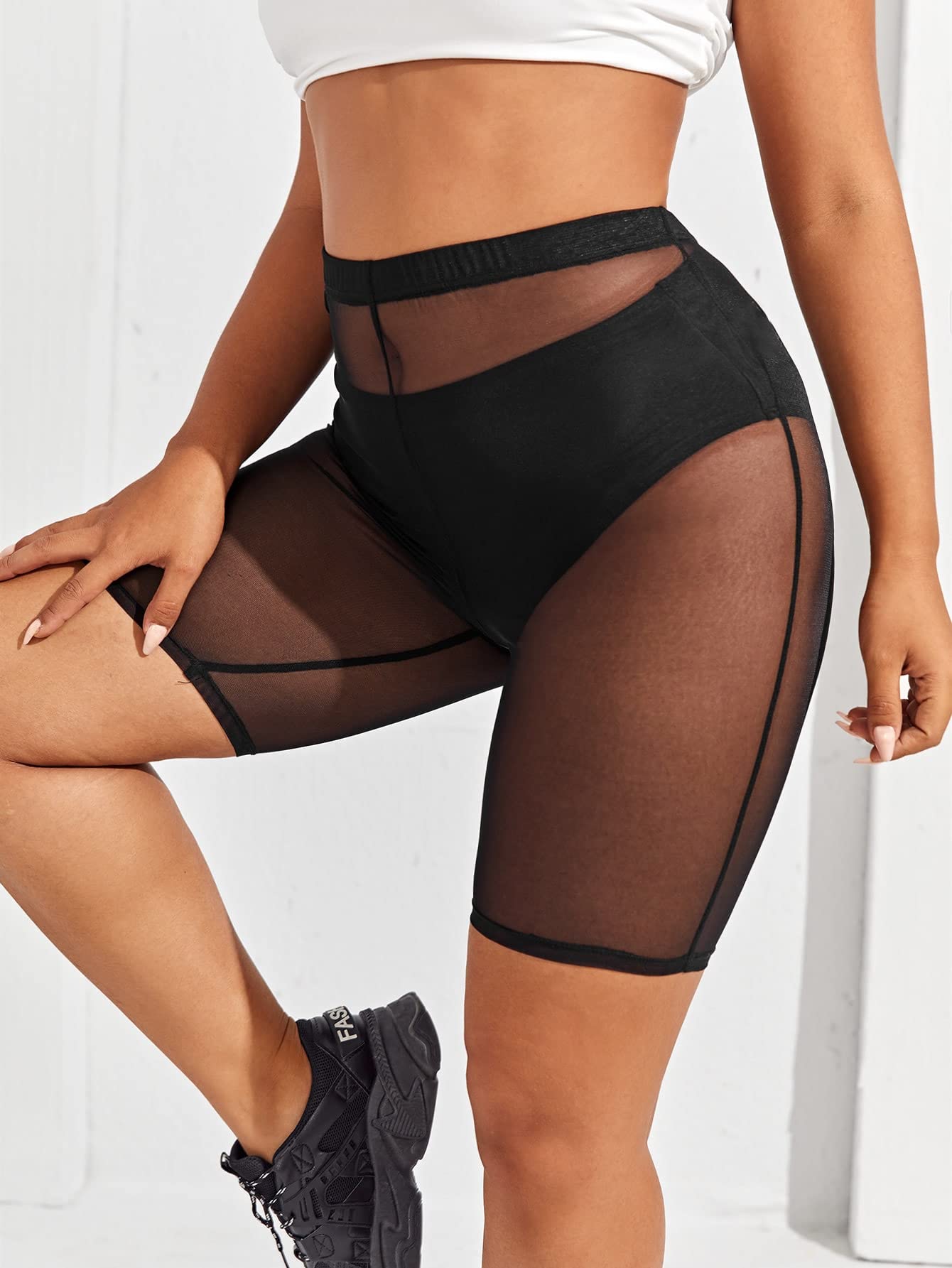 WDIRARA Women's Plus Size Elastic Waist Sheer Mesh Biker Shorts Short Leggings Black 4XL