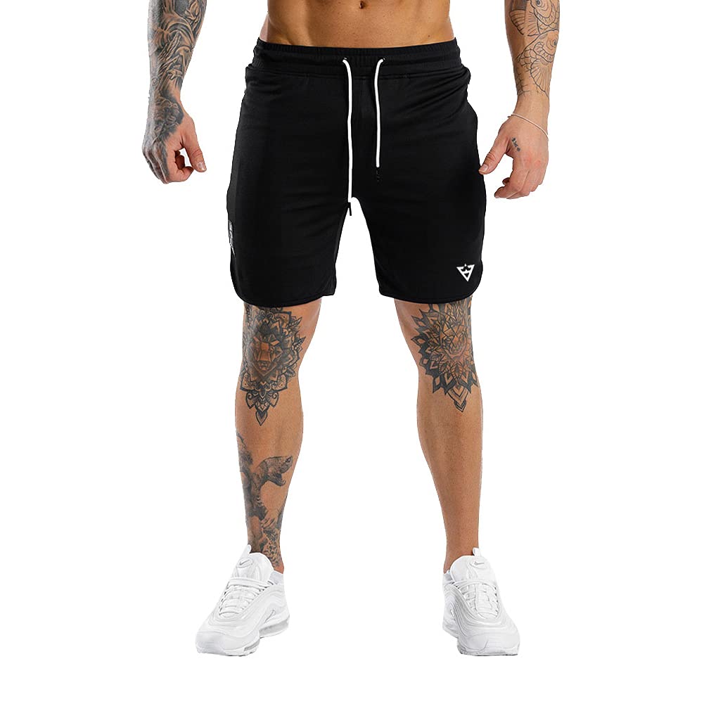 Wangdo Men's Workout Shorts 7" Running Gym Athletic Bike Shorts with Zipper Pocket(Black+Green-M)
