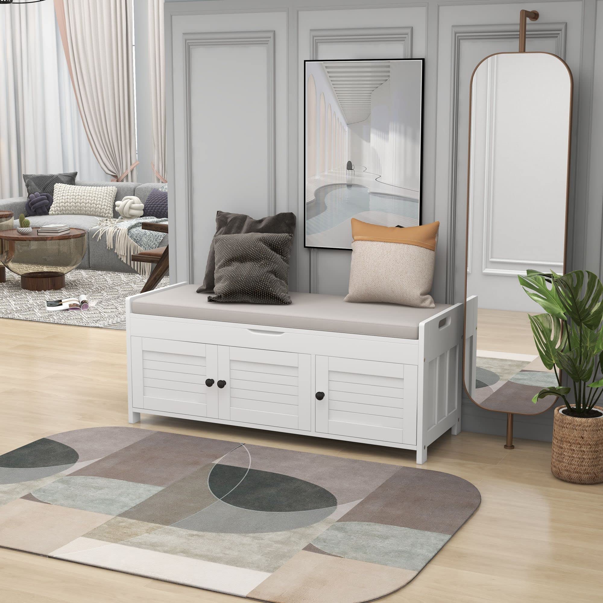 RUNNA Storage Bench with 3 Shutter-Shaped Doors Wood Entryway Bench Shoe Bench with Removable Cushion and Hidden Storage Space Saving,Great for Foyer entrances (White#1)