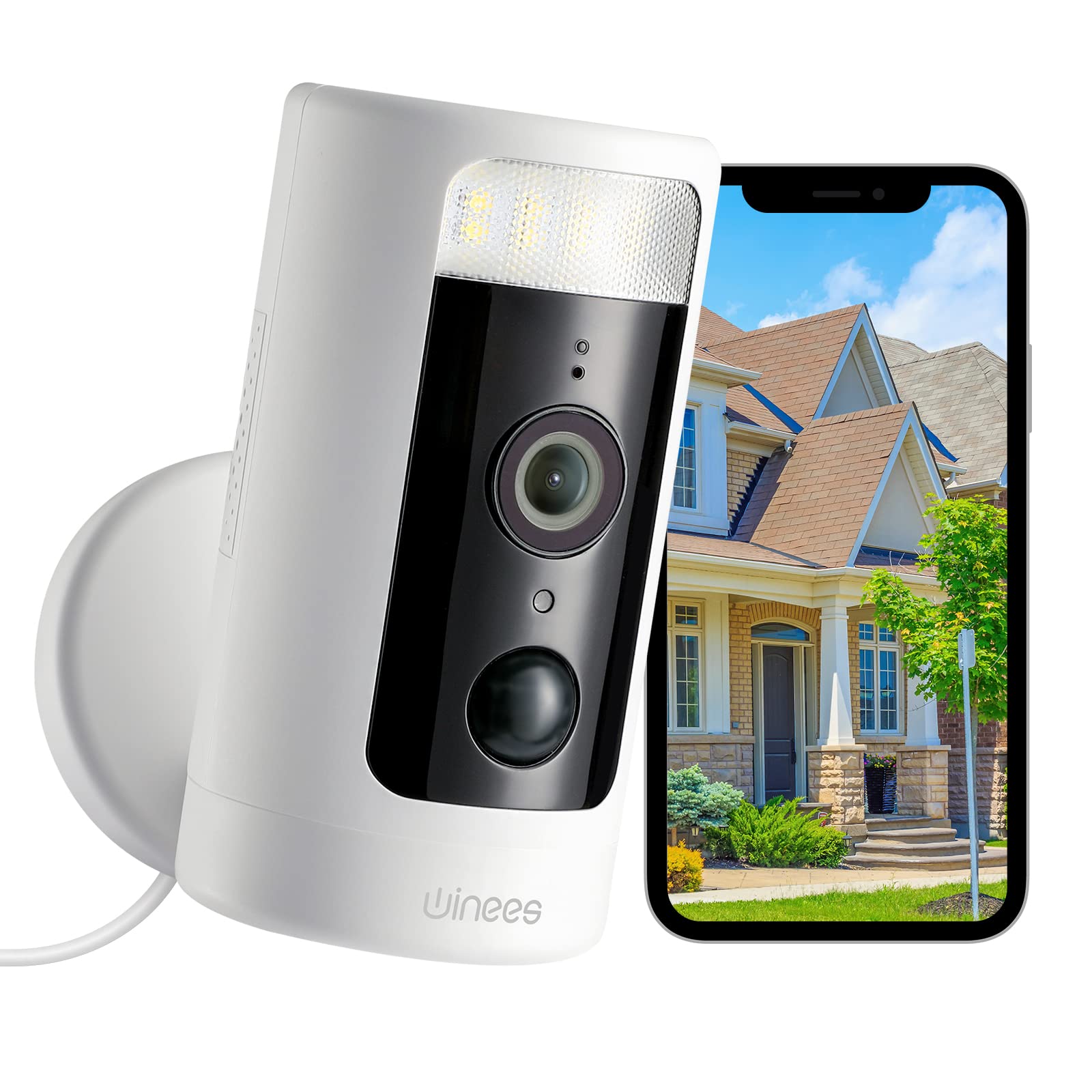 winees Security Camera Outdoor 2K Wi-Fi Spotlight Cam 360° Auto Tracking Home Surveillance Camera, Human/Pet/Vehicle/Package AI Floodlight Camera, Color Night Vision, Compatible with Alexa