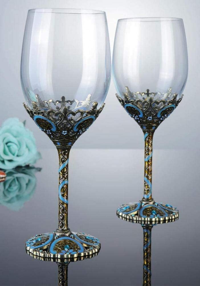 Wine Glasses Clear Handcrafted Champagne Glasses Red Wine Glasses Set of 2 Enamel Floral Goblets (Blue)