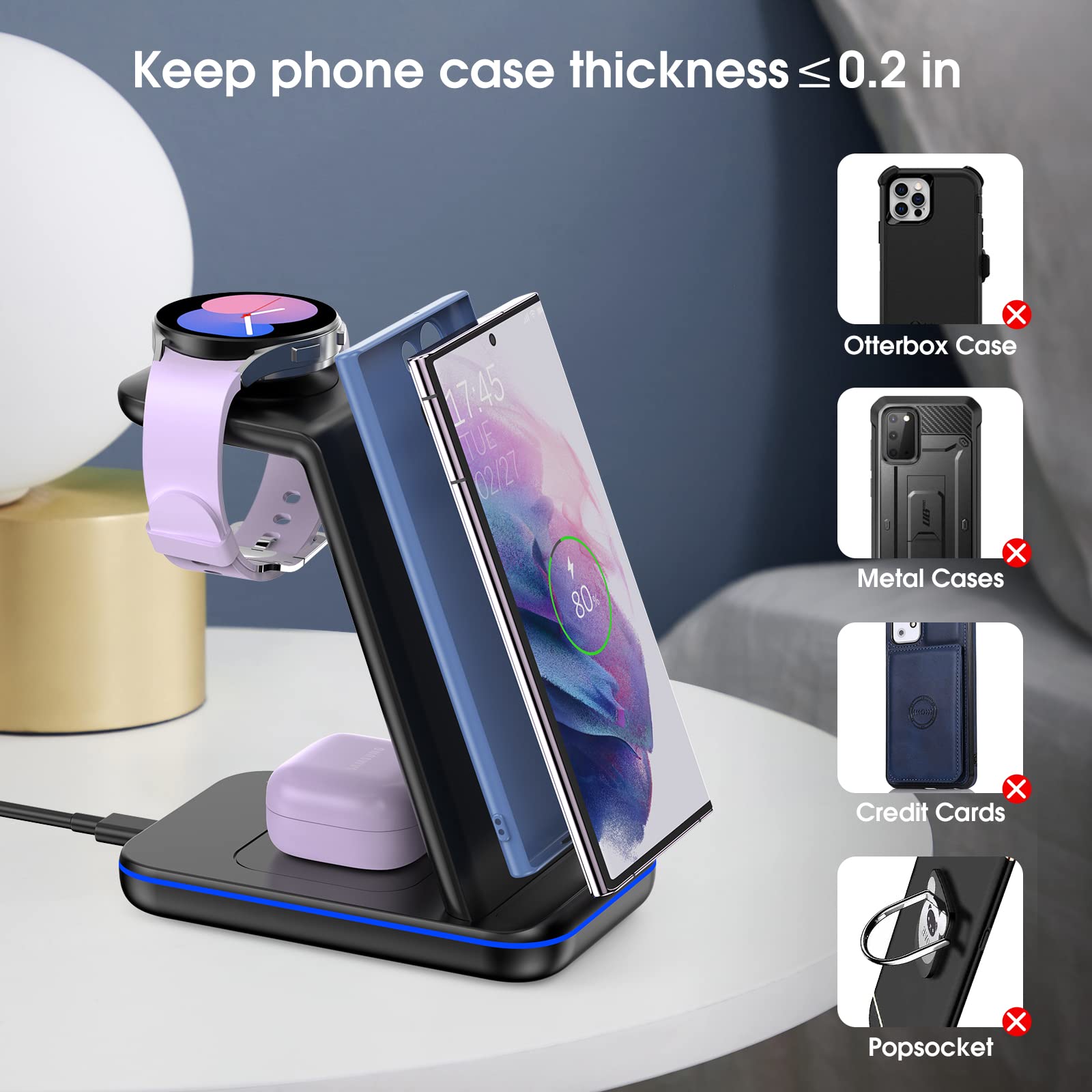 Wireless Charging Station for Samsung, S24 Ultra Wireless Charger Station for Galaxy S24/23/22/21/Z Flip 4/3 Fold 4/3, Wireless Watch Charger for Galaxy Watch 6/5/4/3/Active 2/1/LTE, Buds/Pro/+/Live