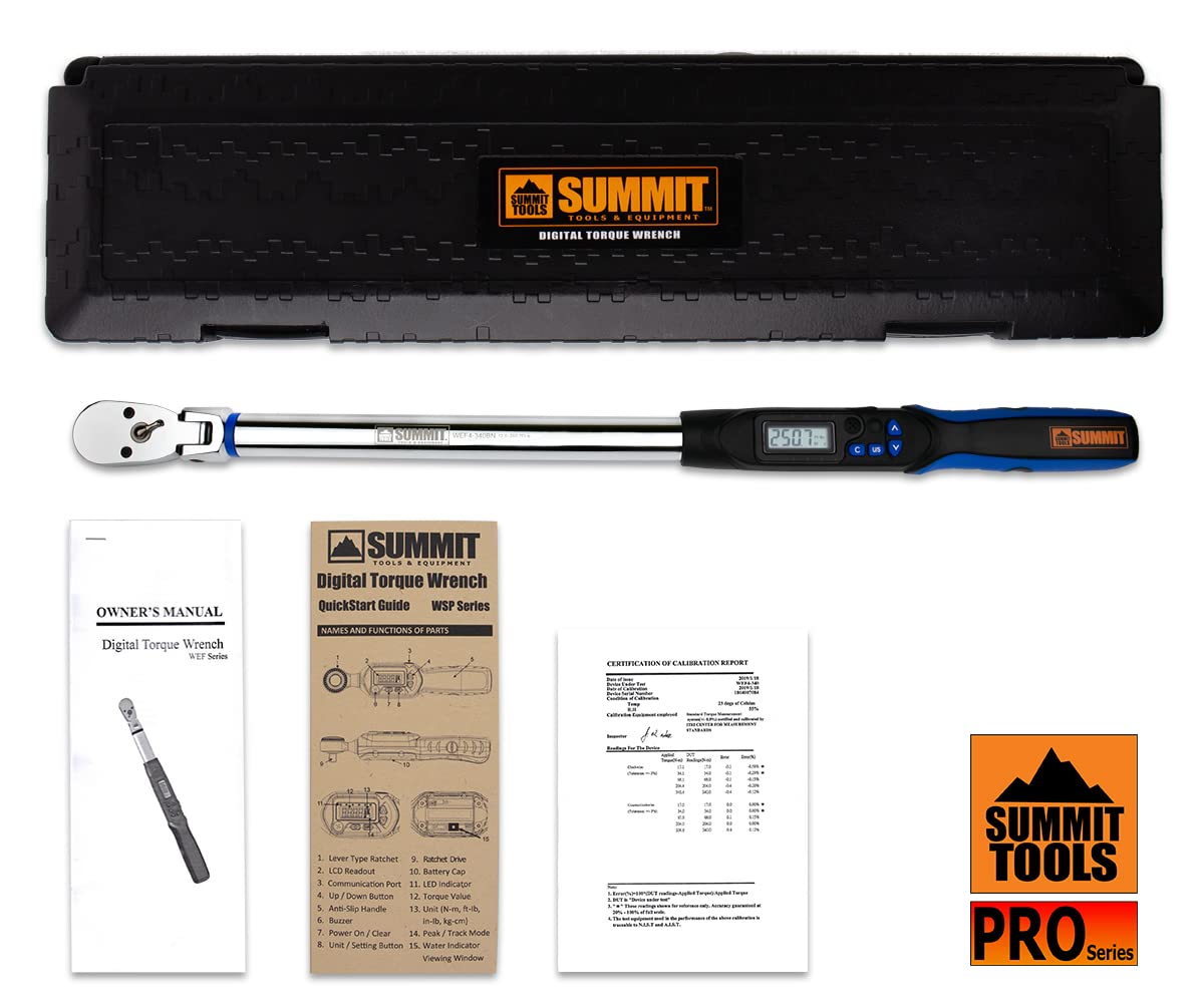Summit Tools 1/2 inch UltraPrecision Flex-Head Digital Torque Wrench, 12.5-250.7 ft-lbs Range Accurate to ±2%, Buzzer and LED, LCD Display, Calibrated (WEF4-340BN)