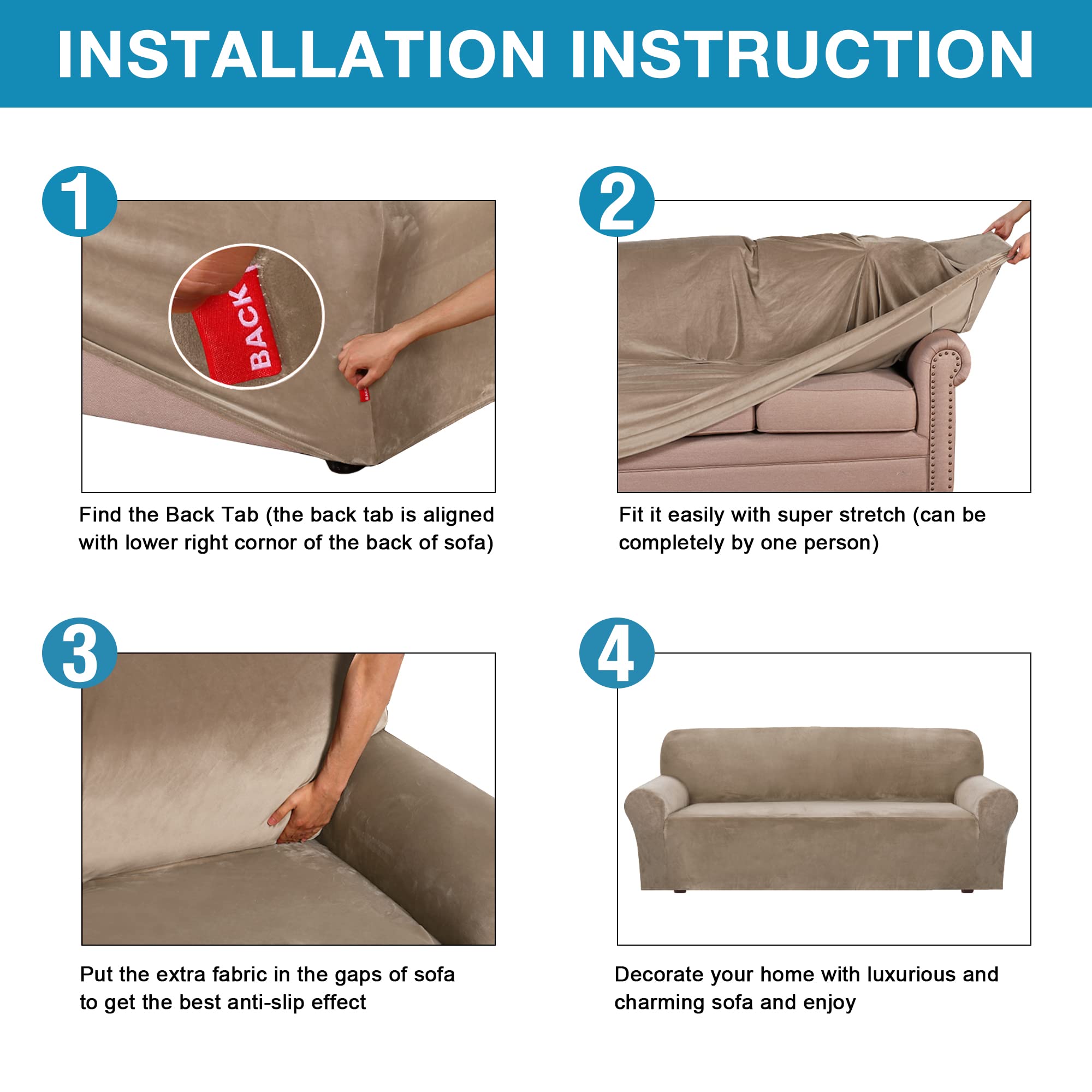 Velvet Stretch Sofa Covers Loveseat Couch Covers for 2 Cushion Couch Loveseat Covers for Living Room, Loveseat Slipcovers Pets Friendly, Thick Soft Washable, Secure with Strap (58"-72, Taupe)