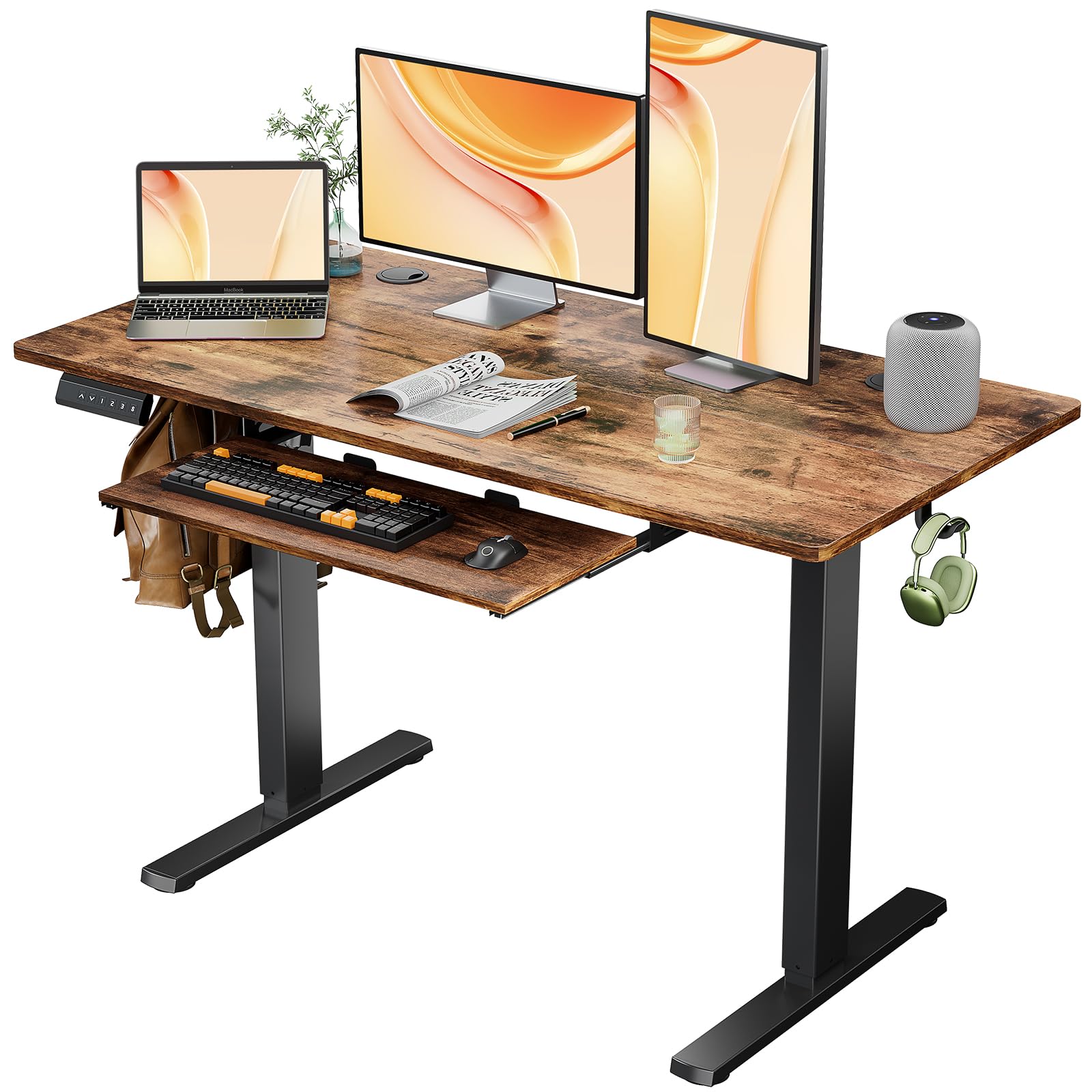 Sweetcrispy Standing Desk with Keyboard Tray, 48 x 24in Adjustable Height Electric Stand Up Desk Standing Computer Desk Home Office Desk Ergonomic Workstation with 3 Memory Controller, Rustic Brown