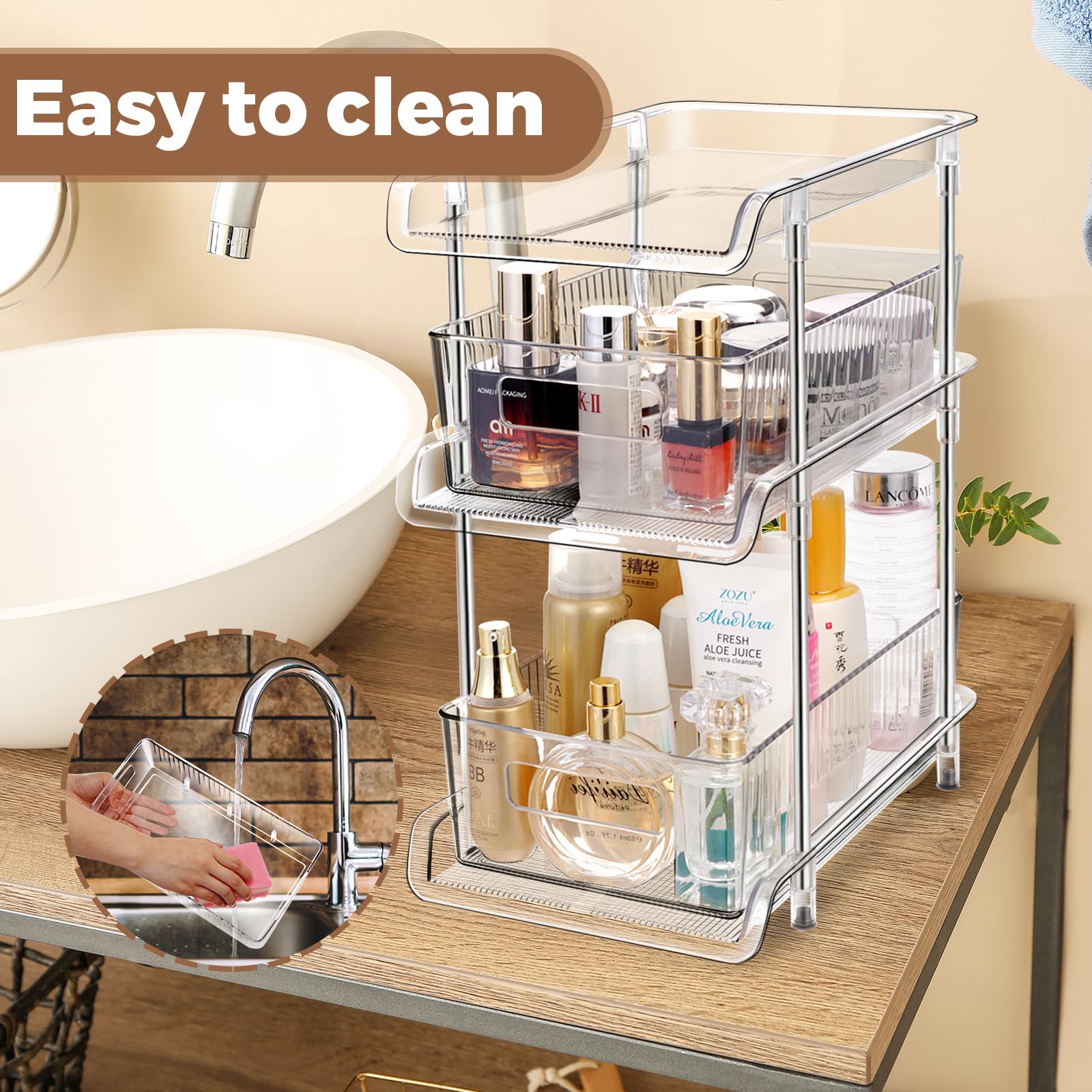 XINYA BAO 3 Tier Clear Bathroom Organizer, With Dividers, Multi-Purpose Pull-Out Pantry Organization and Storage, Under Sink Closet Organizers and Storage, Skincare Cosmetic Organizer Medicine Bins