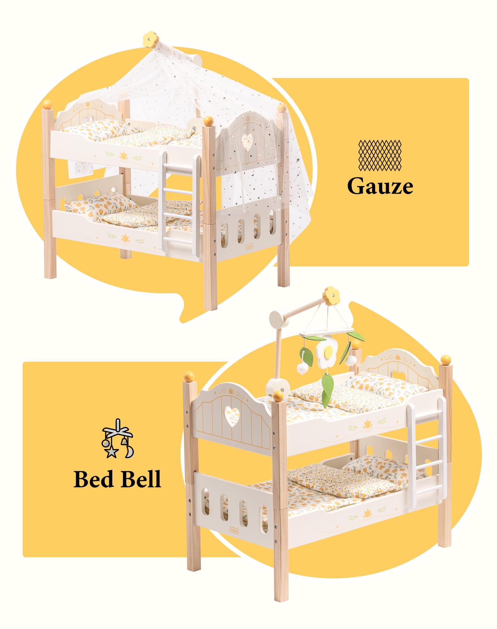 ROBOTIME Baby Doll Bunk Beds, Baby Doll Crib for 18 inch Dolls, Wooden Doll Bed Toy with Doll Bedding