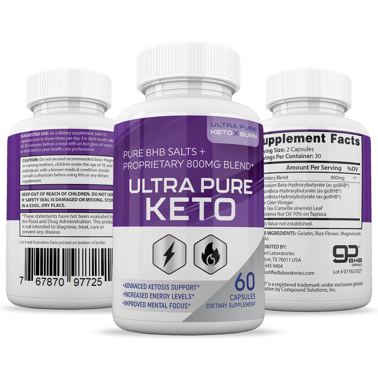 Ultra Pure Keto X Burn Pills Advanced BHB Ketogenic Supplement Exogenous Ketones Ketosis for Men Women 60 Capsules 3 Bottles