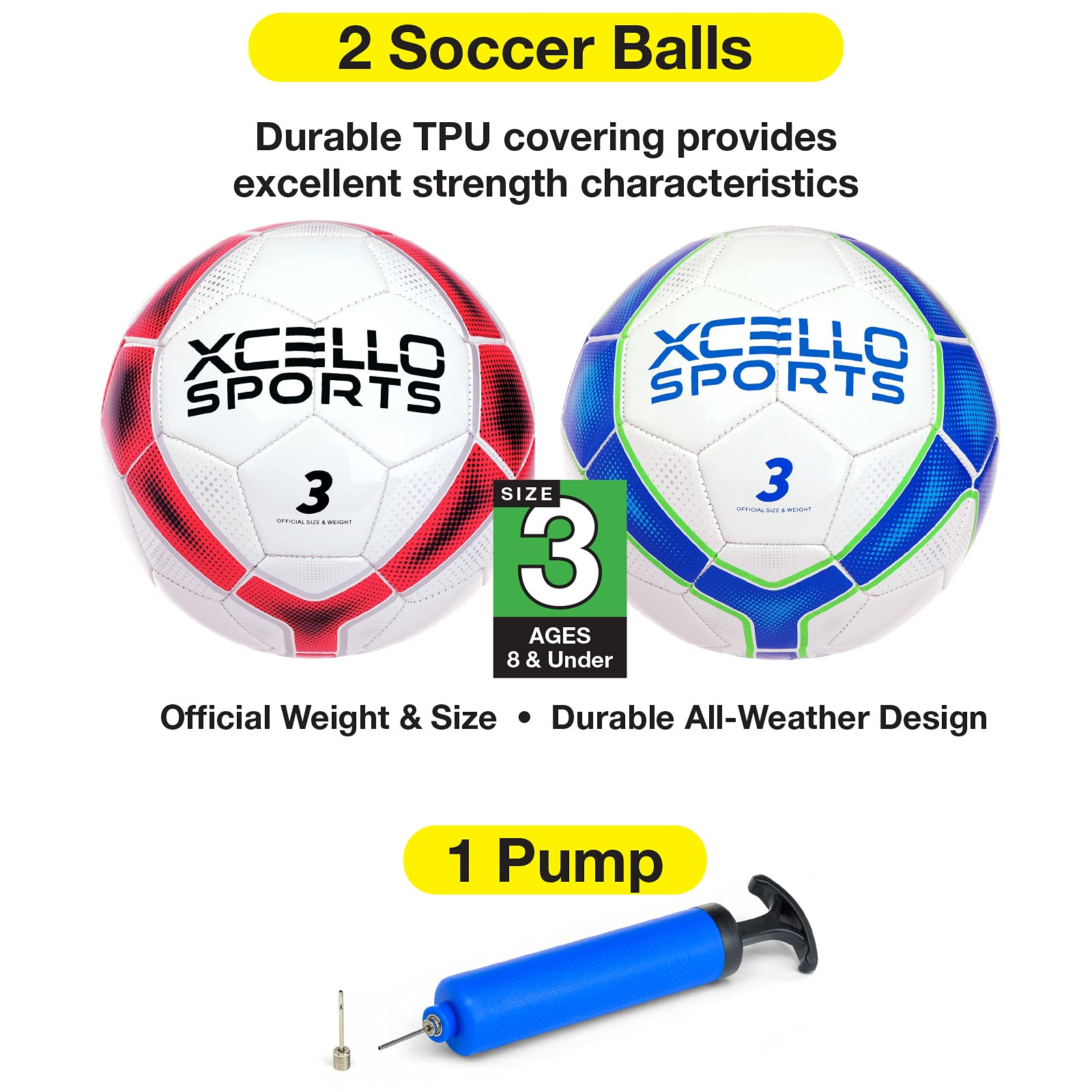 Xcello Sports Soccer Ball Premium Durable TPU Cover Official Match Size and Weight – 2 Pack with Pump (Available in Size 3, Size 4, and Size 5) (Size 5)