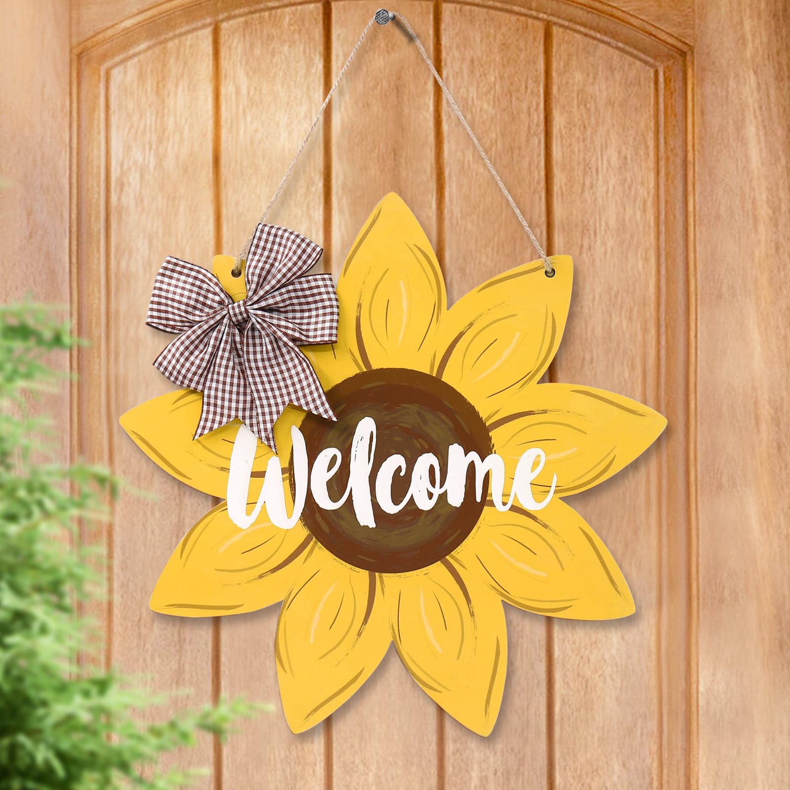 Sunflower Welcome Wood Door Hanger 12 Inch Large Wooden Flower Sign Inspirational Wall Porch Art Spring Summer Fall Front Door Wreath Hanging for Bedroom Living Room Indoor Outdoor Kitchen Home Decor