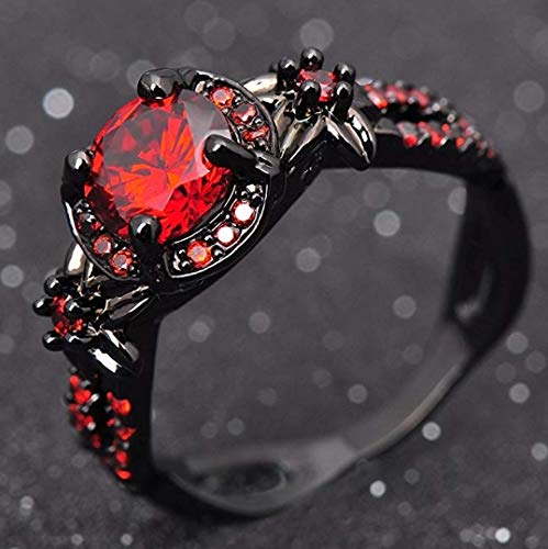Womens Green Stone Round Lab Stone Engagement Wedding Best Friend Christmas Black Gold Plated Wedding Rings for Her Size 5-11 (Red, 11)