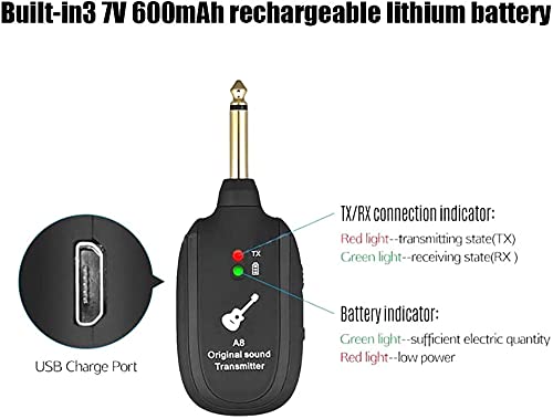 Wireless Guitar System, Wireless Guitar Transmitter and Receiver, 3.7V 600mAh 20Hz-20kHz UHF Built-in Rechargeable Support 4 Channels Transmitter Receiver with Plug for Electric Guitar Bass Organ
