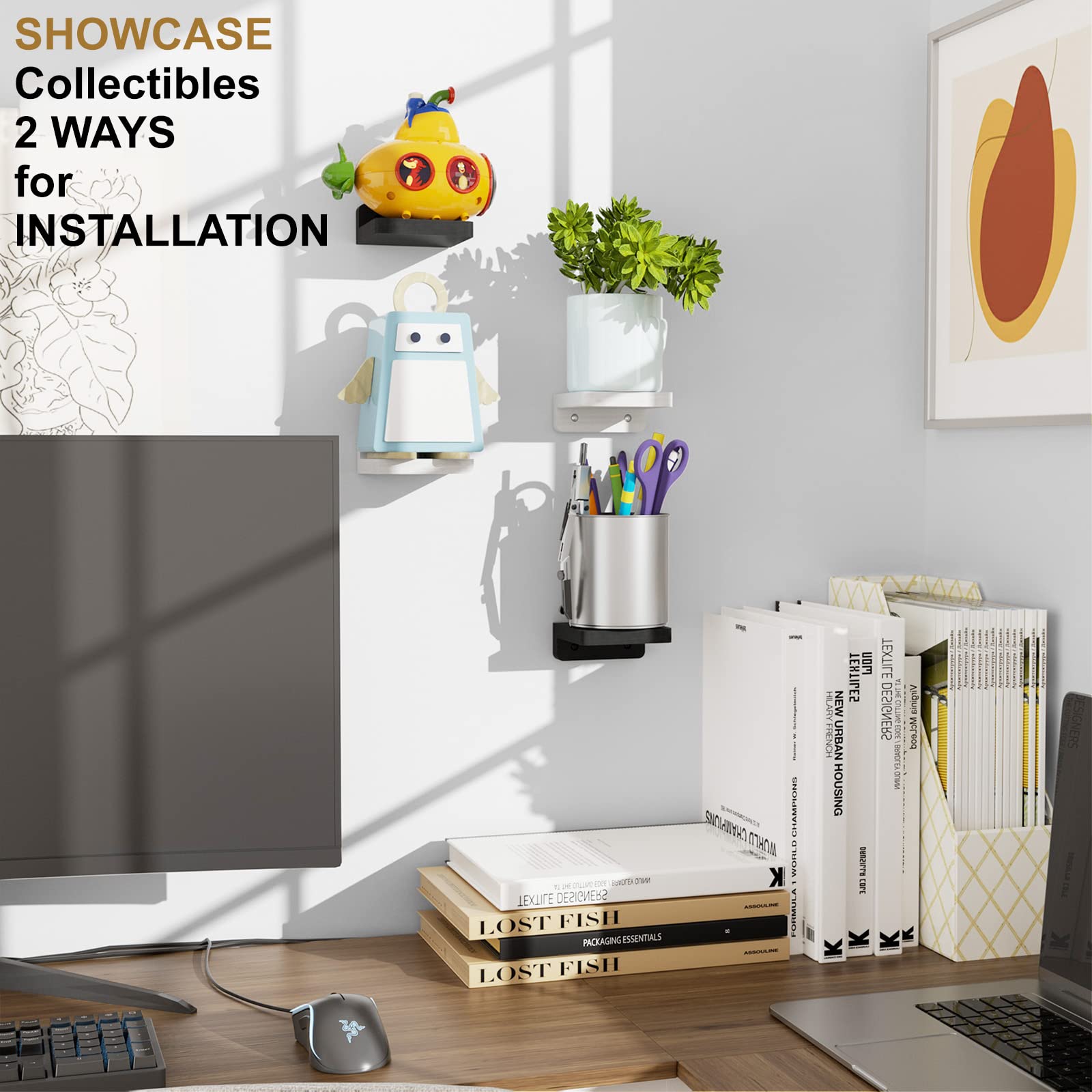 SRIWATANA Small Floating Shelves Wall Mounted, 4 Inch Wood Shelf for Home Decor and Storage Set of 4, Mini Display Shelf for Bedroom, Bathroom, Kitchen, Office (Black + White)