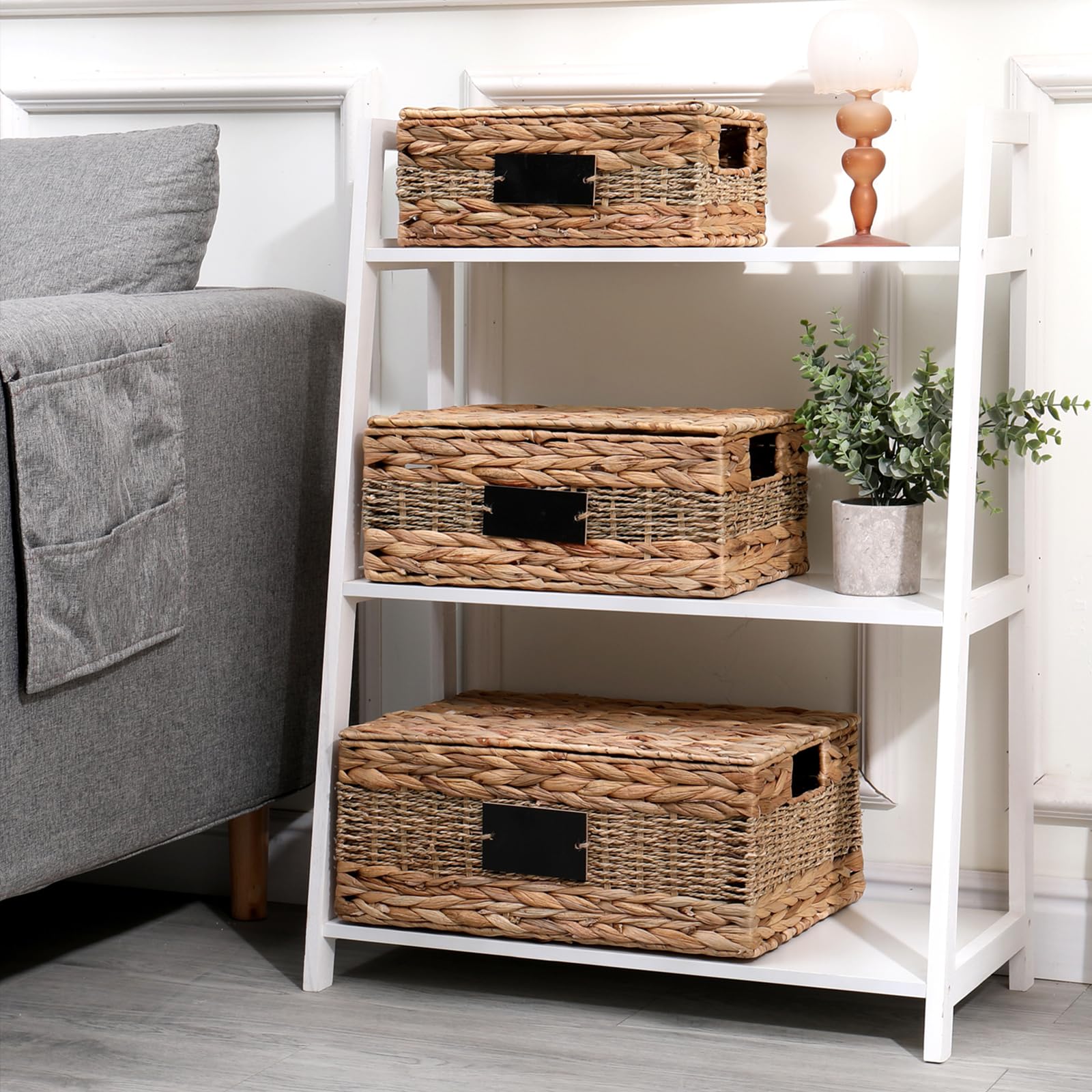 WK&YOHFY Storage Baskets Hand-Woven Rectangular Seagrass Cube Storage Bins for Bedroom, Living Room, Nursery Room-Storage Cubes with Lids&Letter Boards,Set of 3 Pcs(Nested)