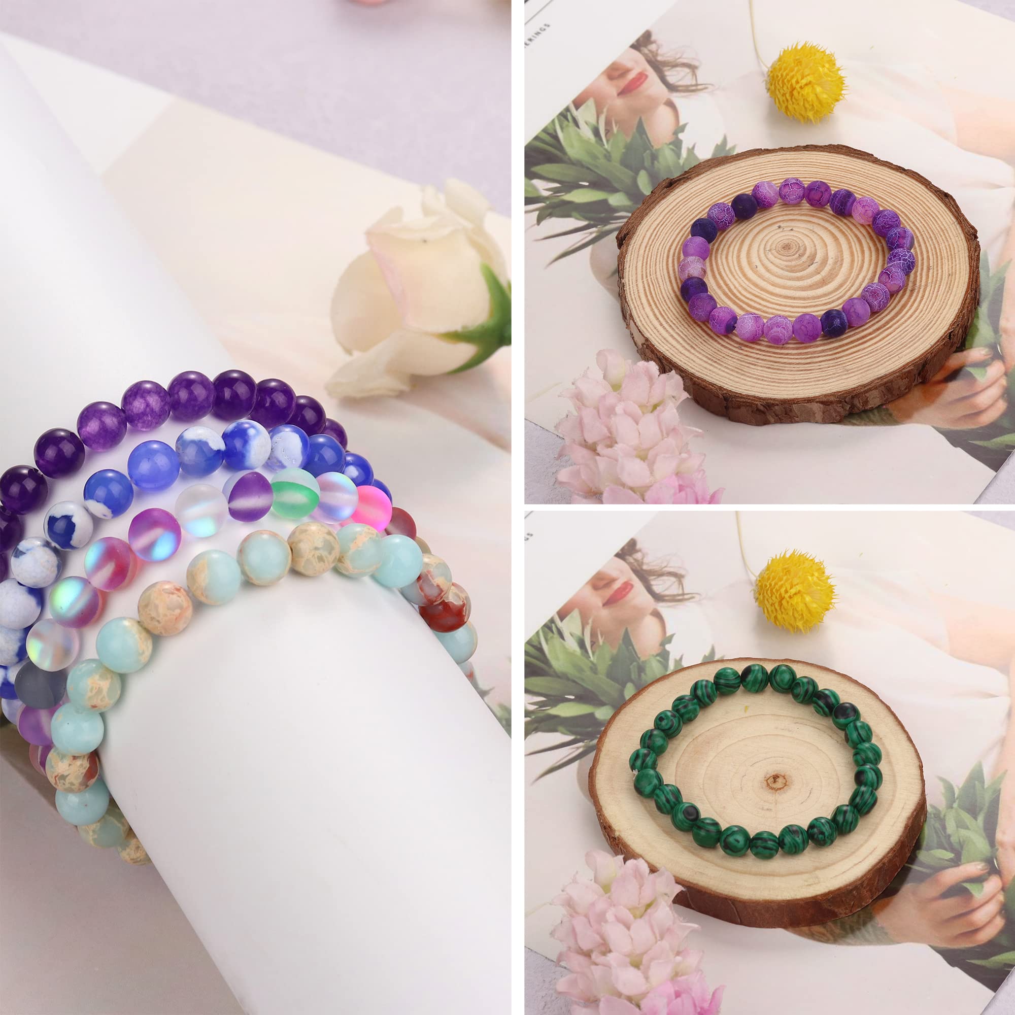 UBGICIG 12Pcs Beaded Crystal Bracelets for Women Men Semi-Precious Gemstones Bracelets 8MM Round Bead Bracelet Adjustable Stackable Healing Stretch Bracelets Pack