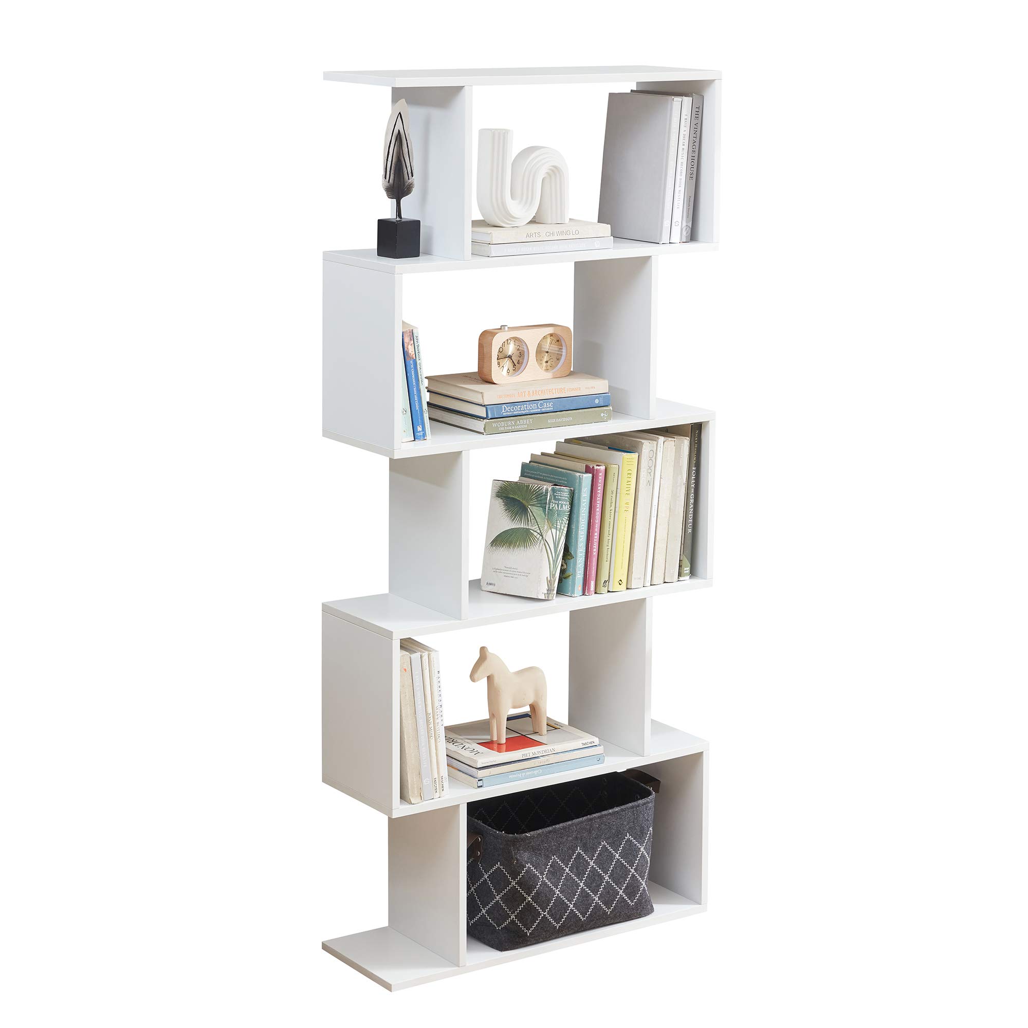 Sunon 5-Tier Bookshelf Free Standing Wood Bookcase, S-Shaped 5 Shelves Book Case for Home Office (White)