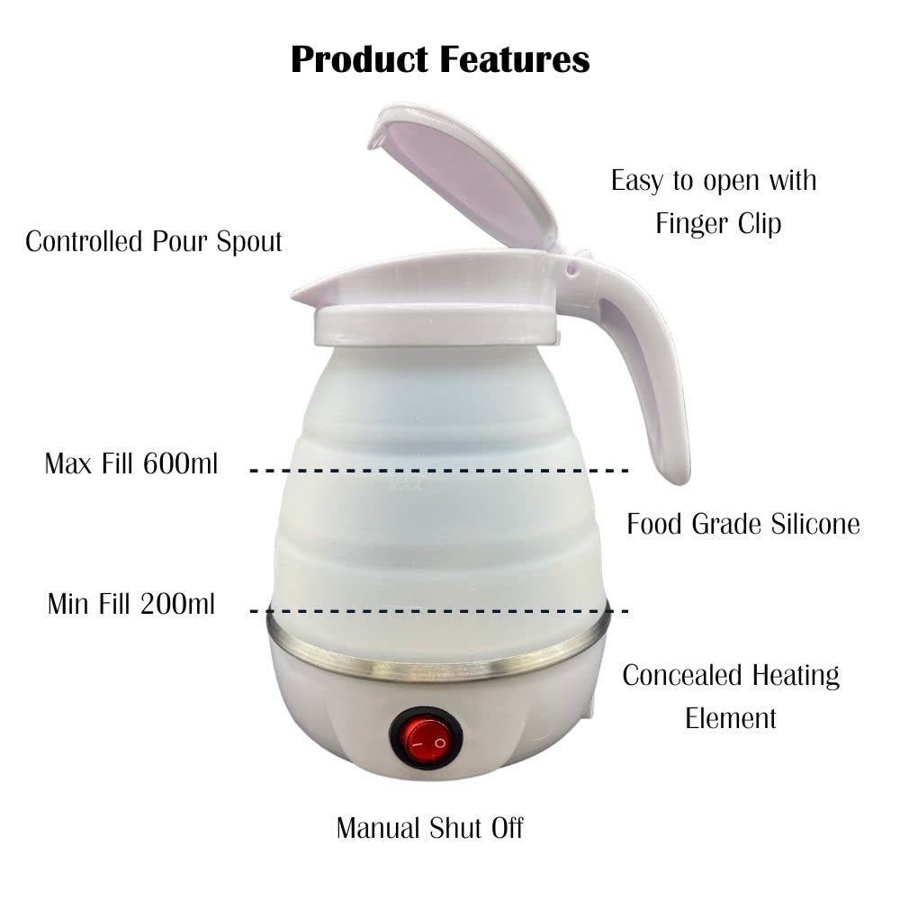 Portable collapsible electric kettle, small travel foldable BPA free fast water boiling tea kettle, dual voltage, 600ml with collapsible pour over coffee dripper and waterproof storage bag