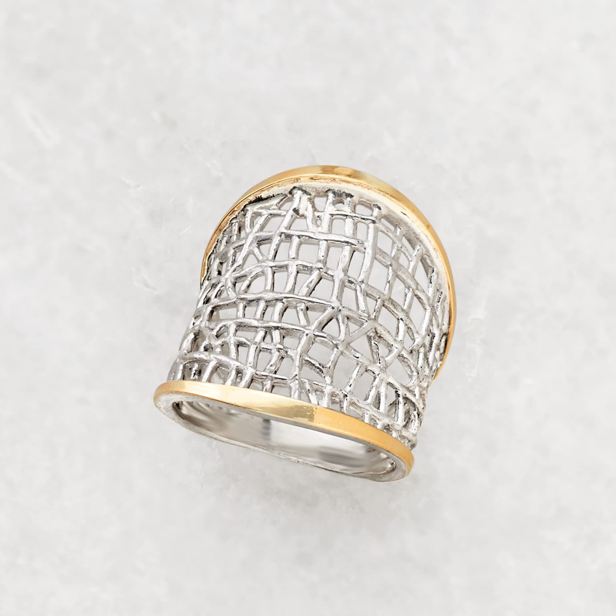 Ross-Simons Sterling Silver and 14kt Yellow Gold Free-Form Lattice Ring. Size 8