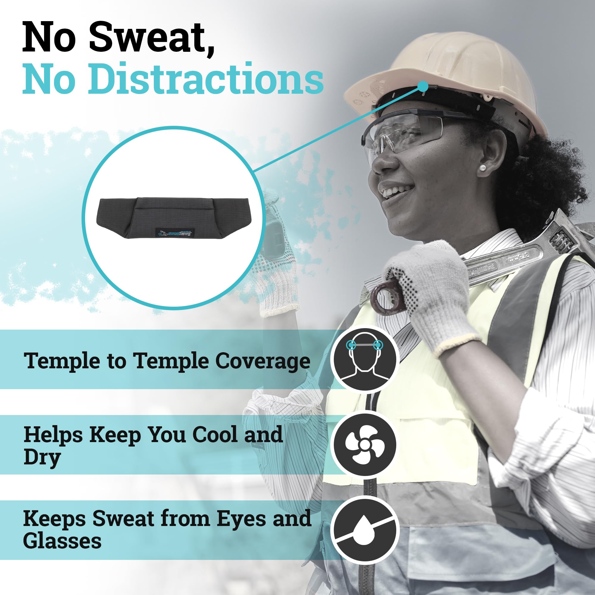 SweatHawg Hard Hat Sweatband - Highly Absorbent Aggressively Wicking Sweat Band - No Sweat, No Drips. Reusable, Wear, Wash, Repeat - Wide 2β Brow Strap (Charcoal Black)