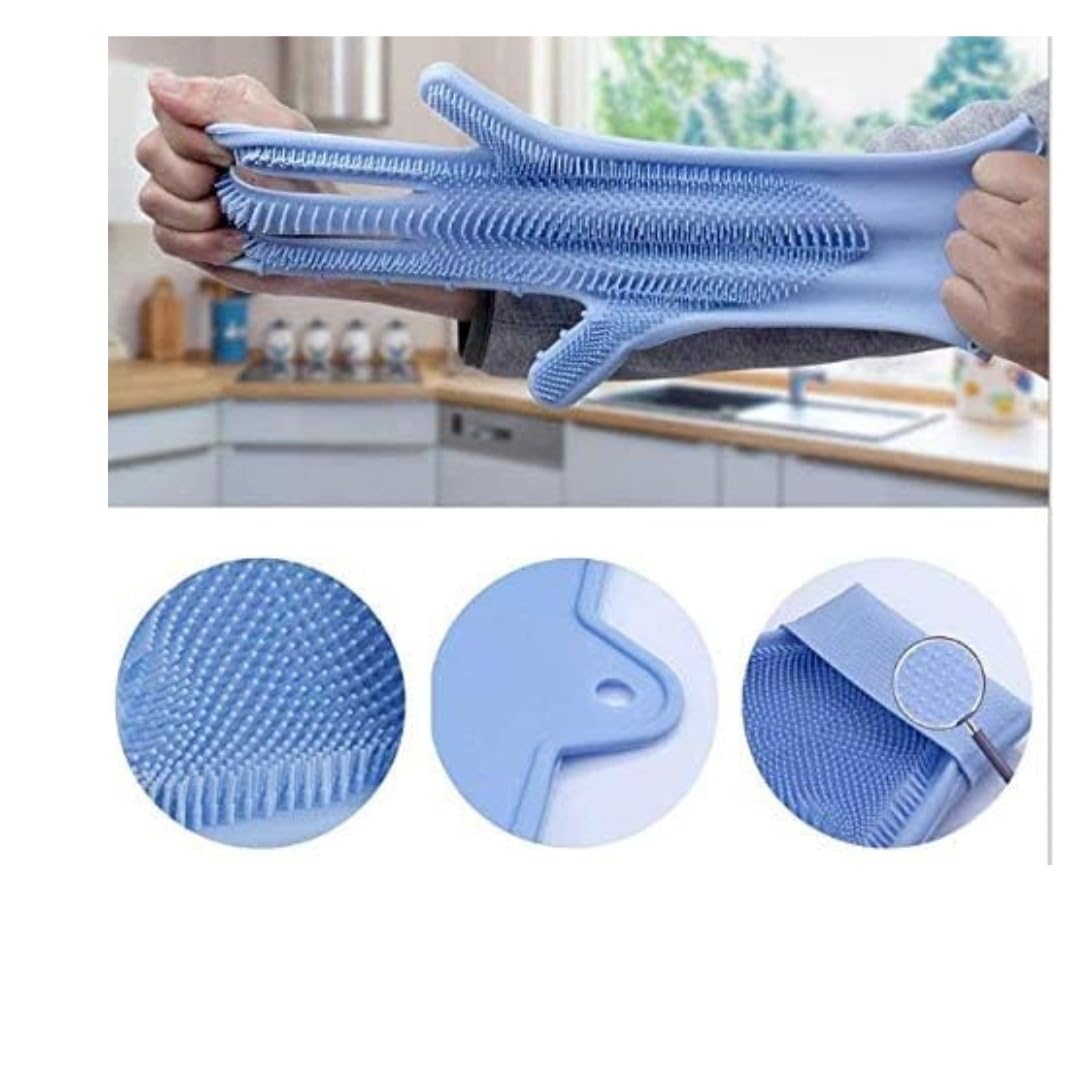 Silicone Glove Silicone Dishwashing Gloves Rubber Gloves Sponge Cleaning Brush for Dish Housework Kitchen Cars (blue)…
