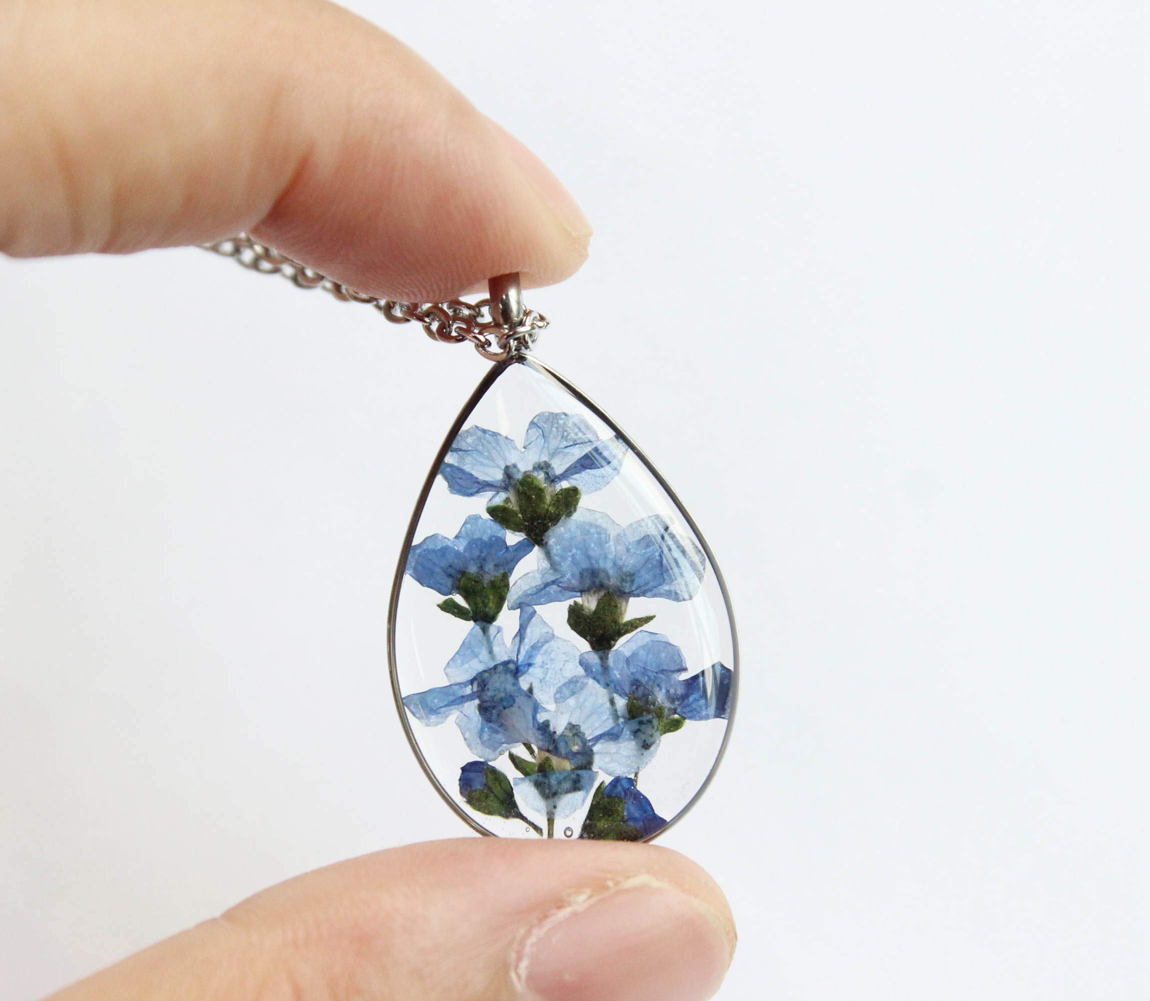 SI EASY Forget Me Not Pressed Flower Necklace, Blue Floral, Real Dried, Botanical Nature, Teardrop Modern Pendant, Girlfriend Gift, Mothers Day